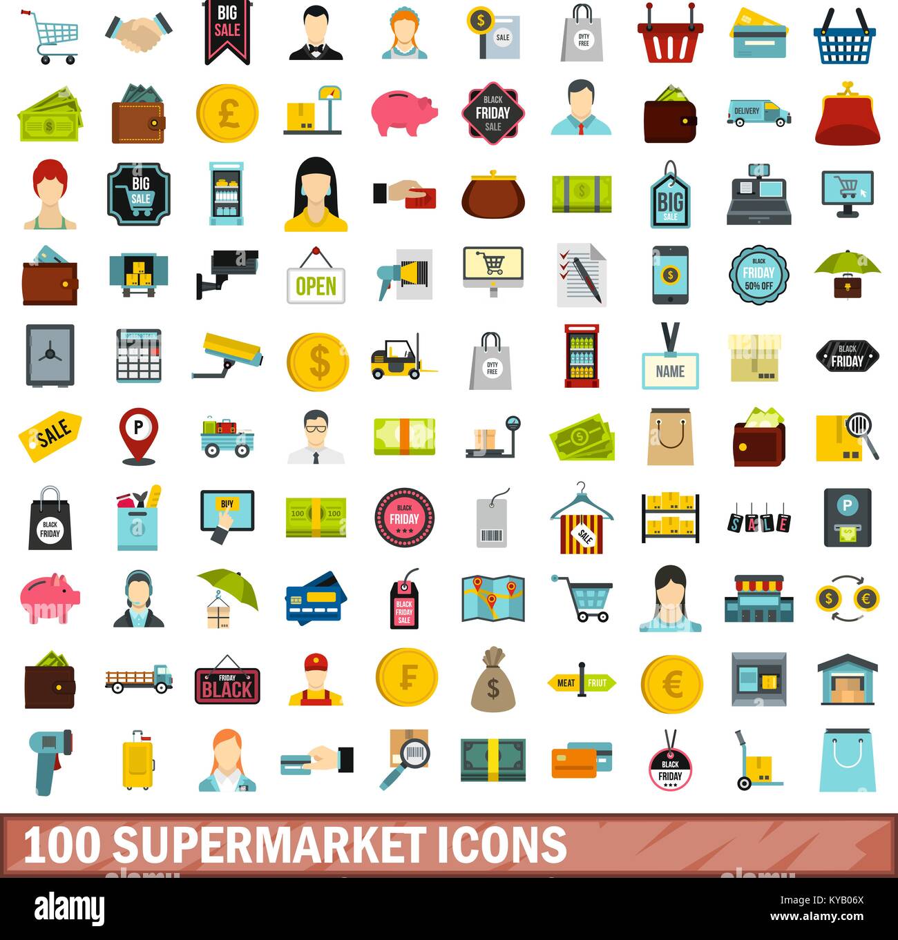 100 supermarket icons set in flat style for any design vector ...