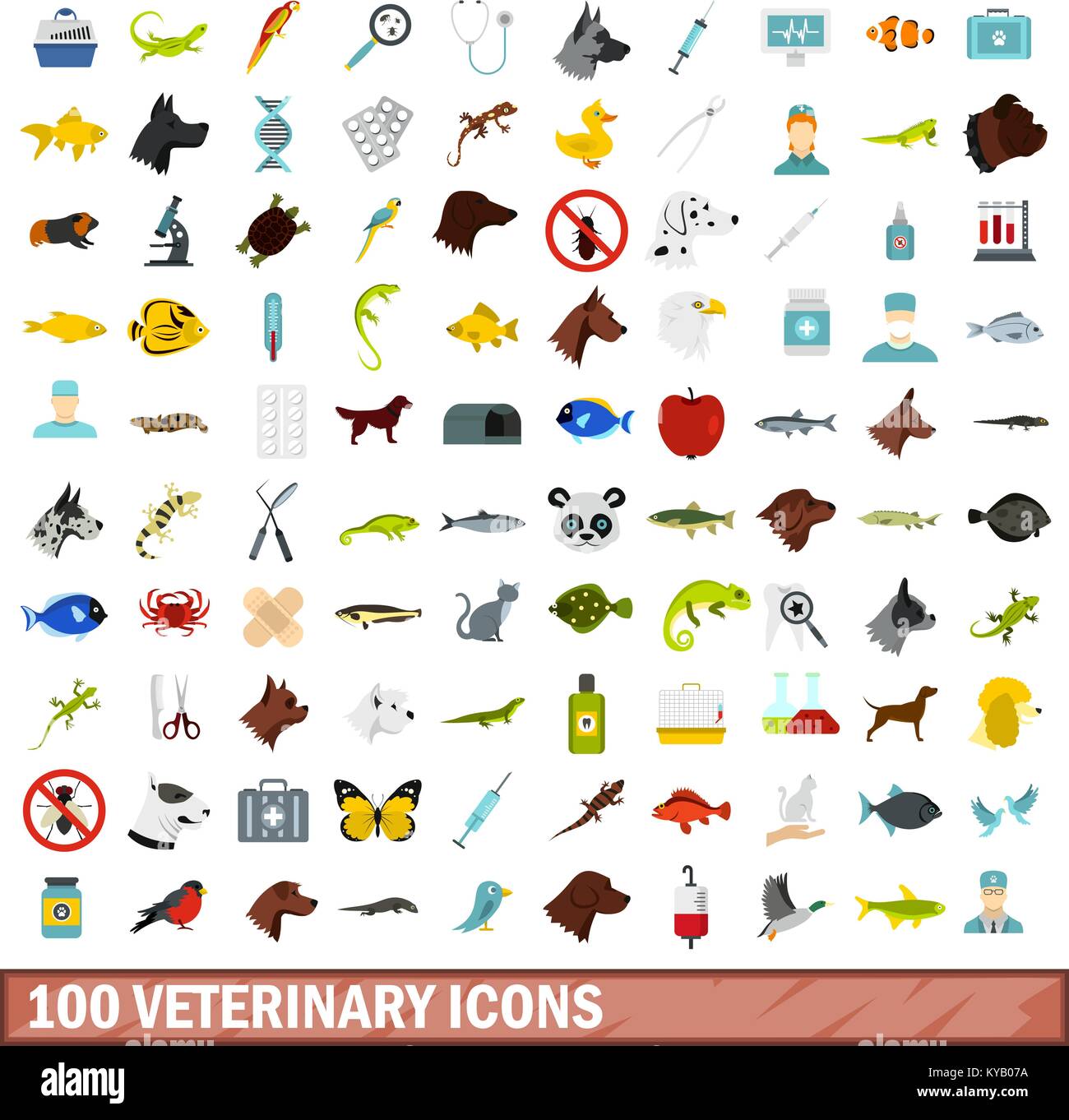 100 veterinary icons set in flat style for any design vector ...