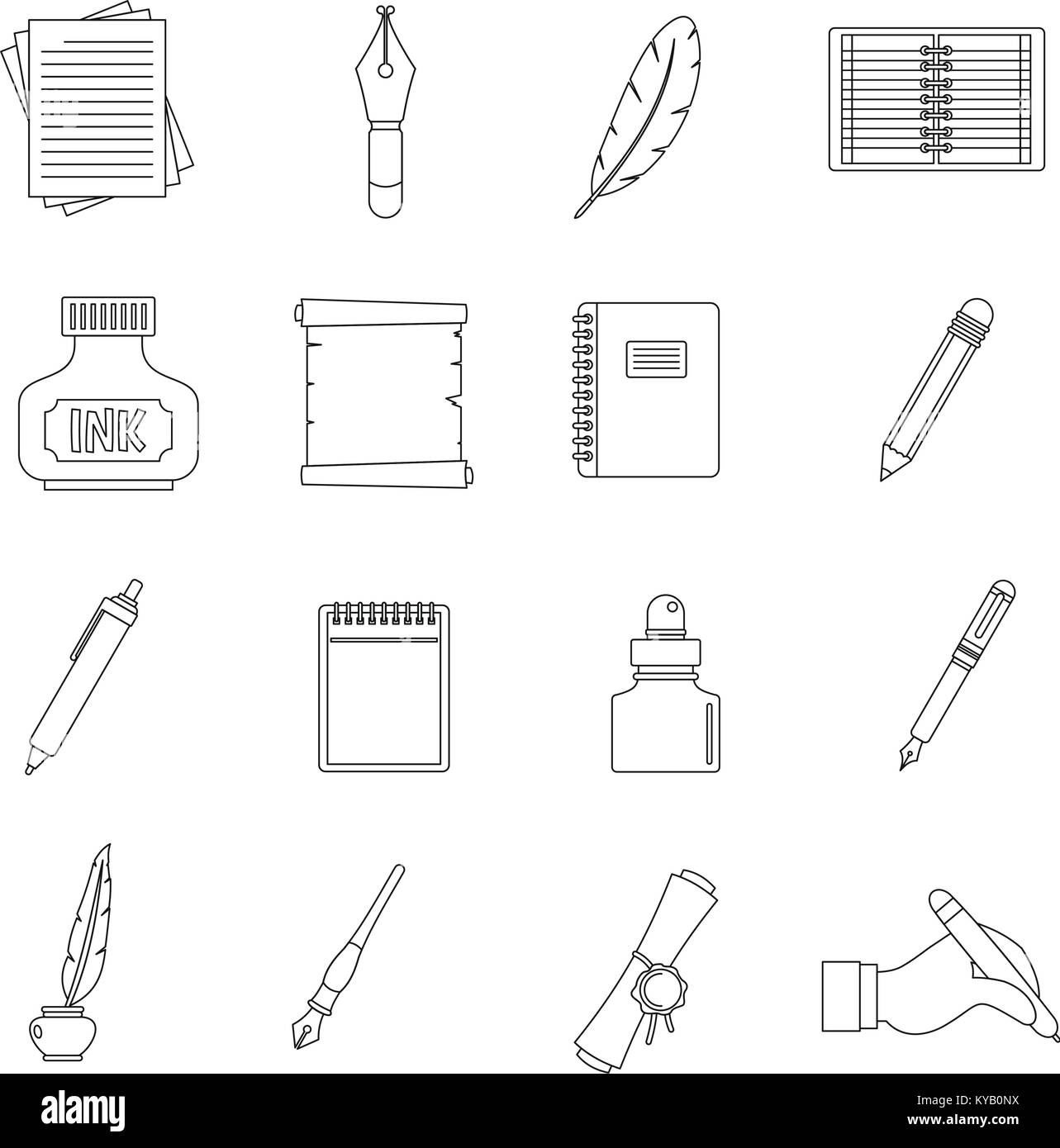 Writing icons set items. Outline illustration of 16 writing items ...