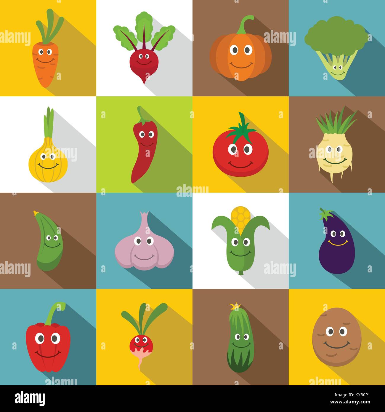 Smiling vegetables icons set. Flat illustration of 16 smiling ...