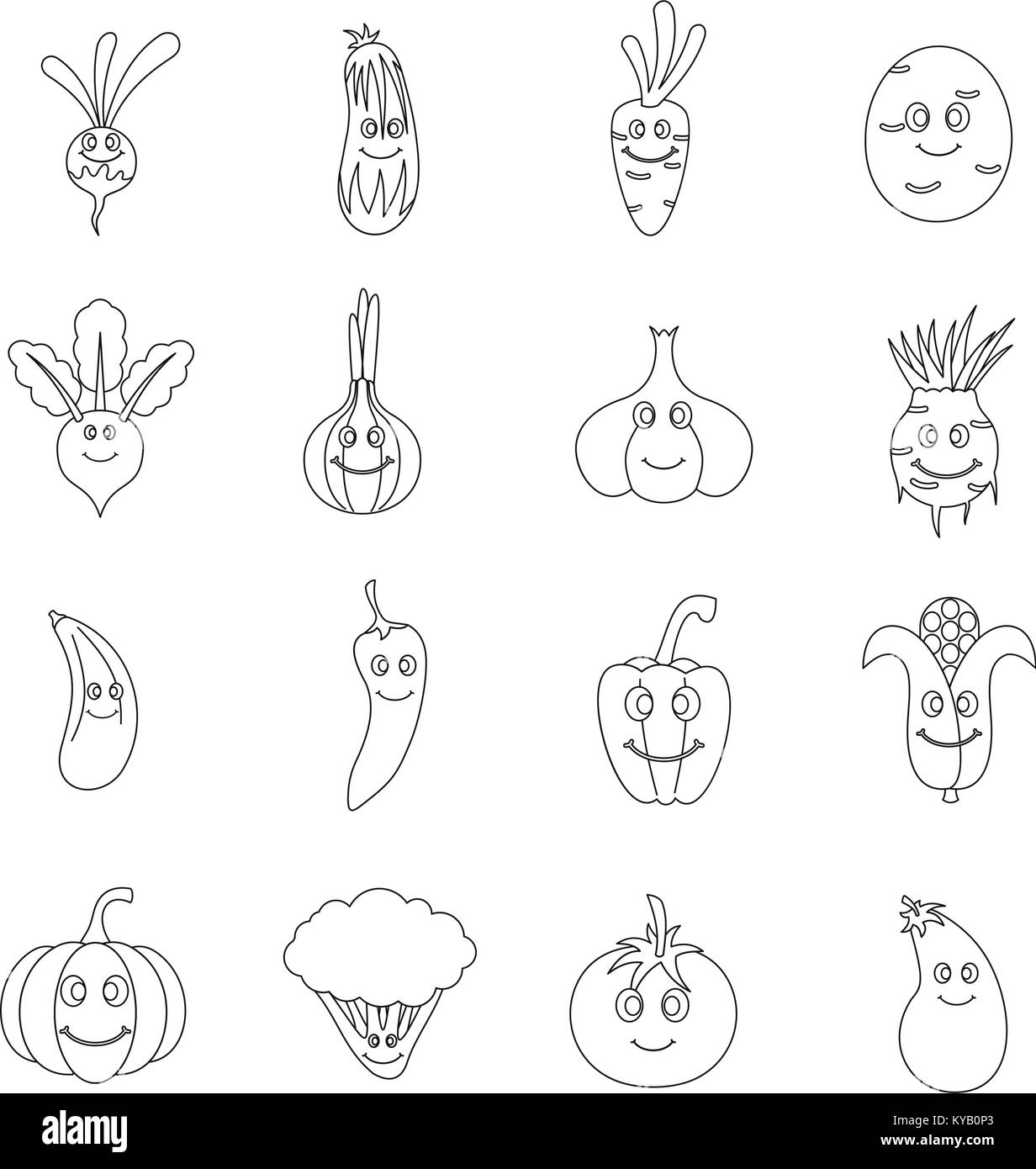 Smiling vegetables icons set. Outline illustration of 16 smiling ...