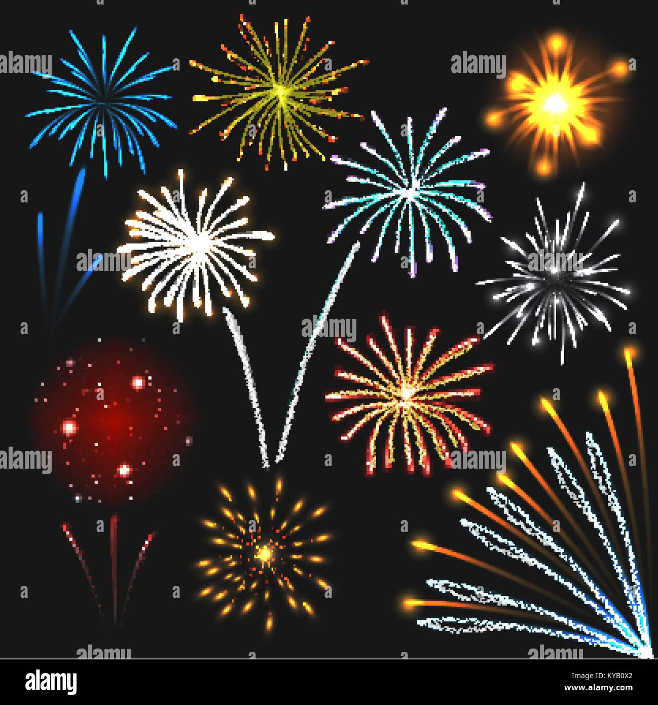 Fireworks set colorful explosions lights. Realistic illustration of 10 ...