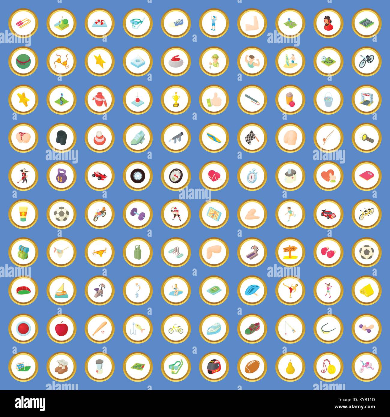 100 activity icons circle set on blue background cartoon style vector ...