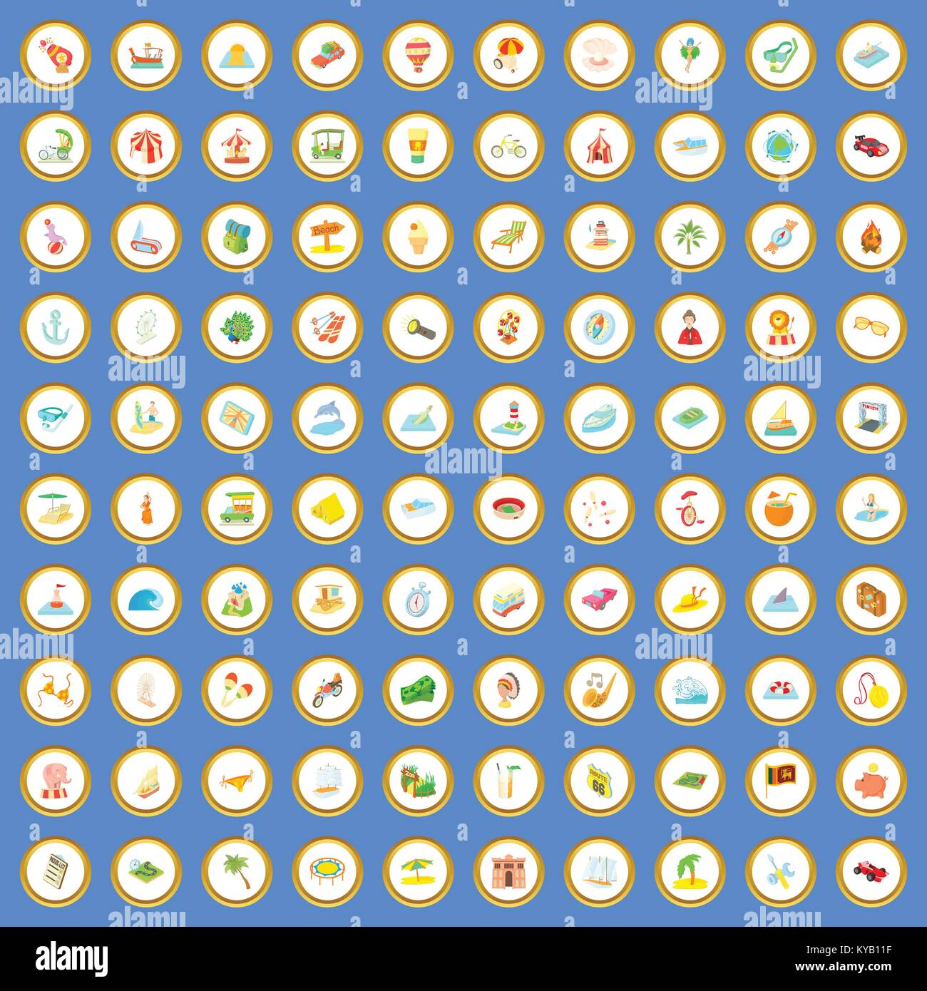 100 adventure icons circle set on blue background cartoon style vector ...
