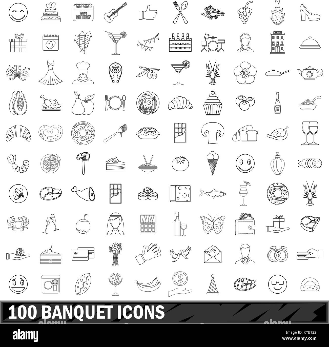 100 banquet icons set in outline style for any design vector ...