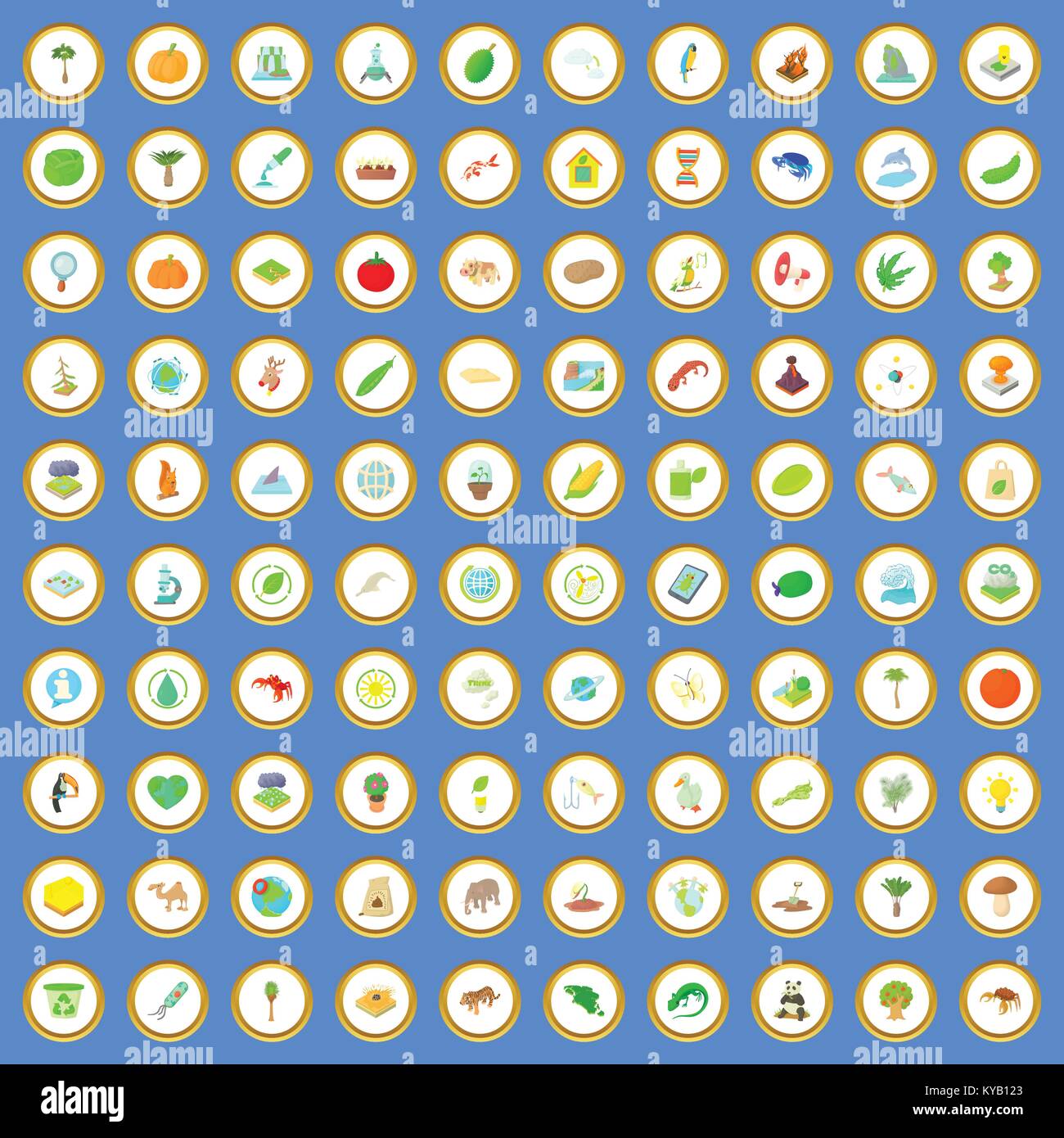 100 biology icons circle set on blue background cartoon style vector ...