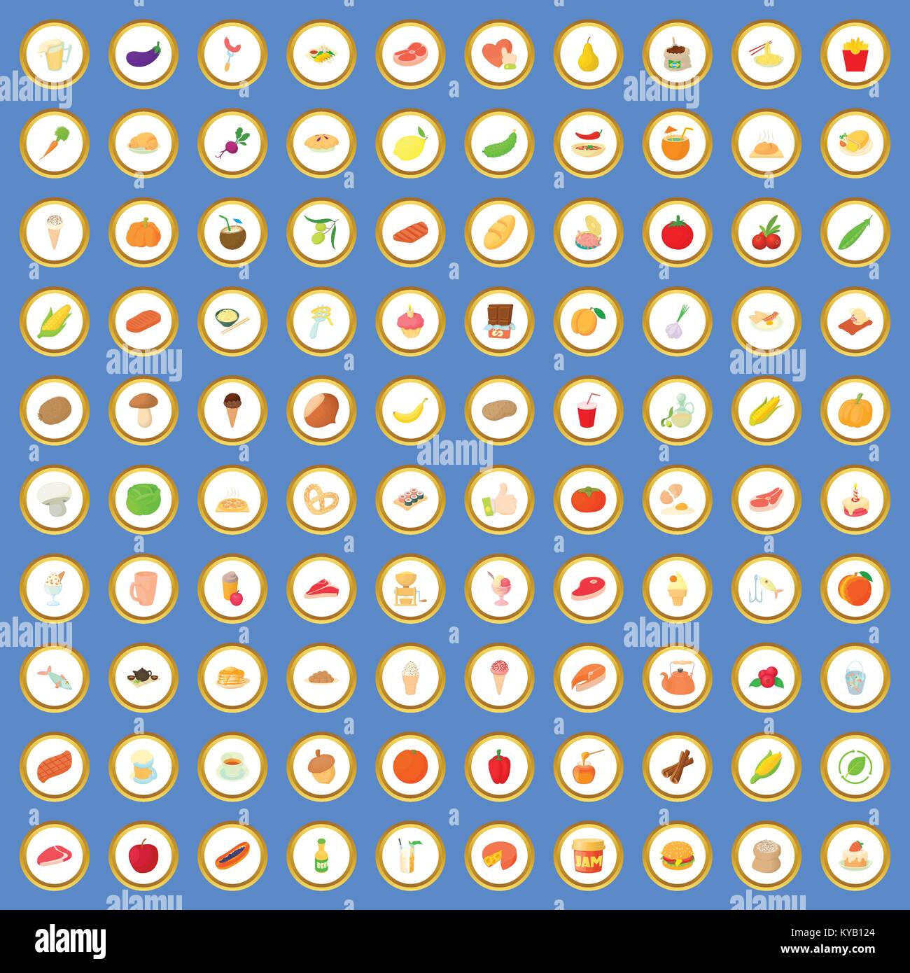 100 breakfast icons circle set on blue background cartoon style vector ...