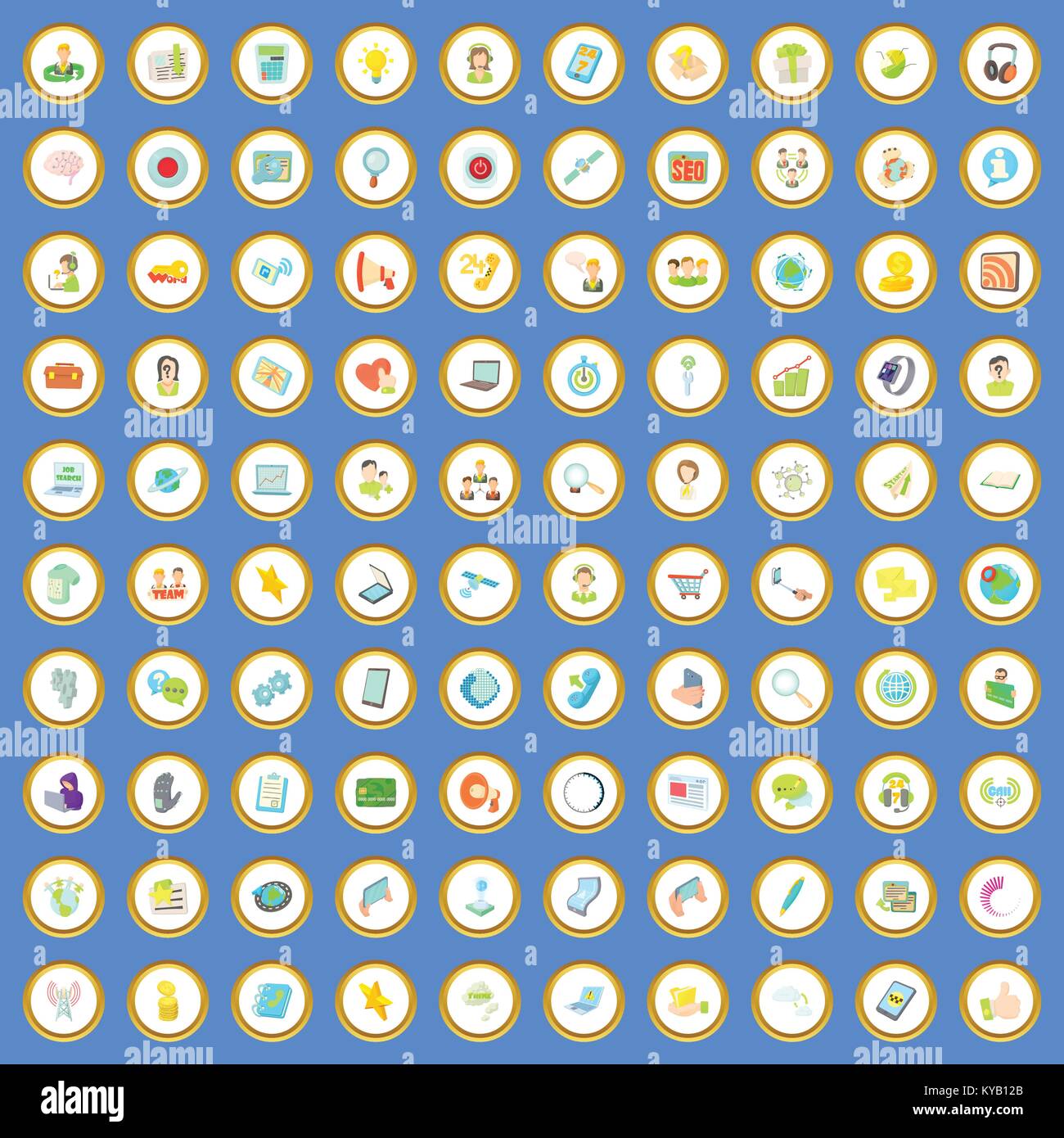 100 call service icons circle set on blue background cartoon style ...