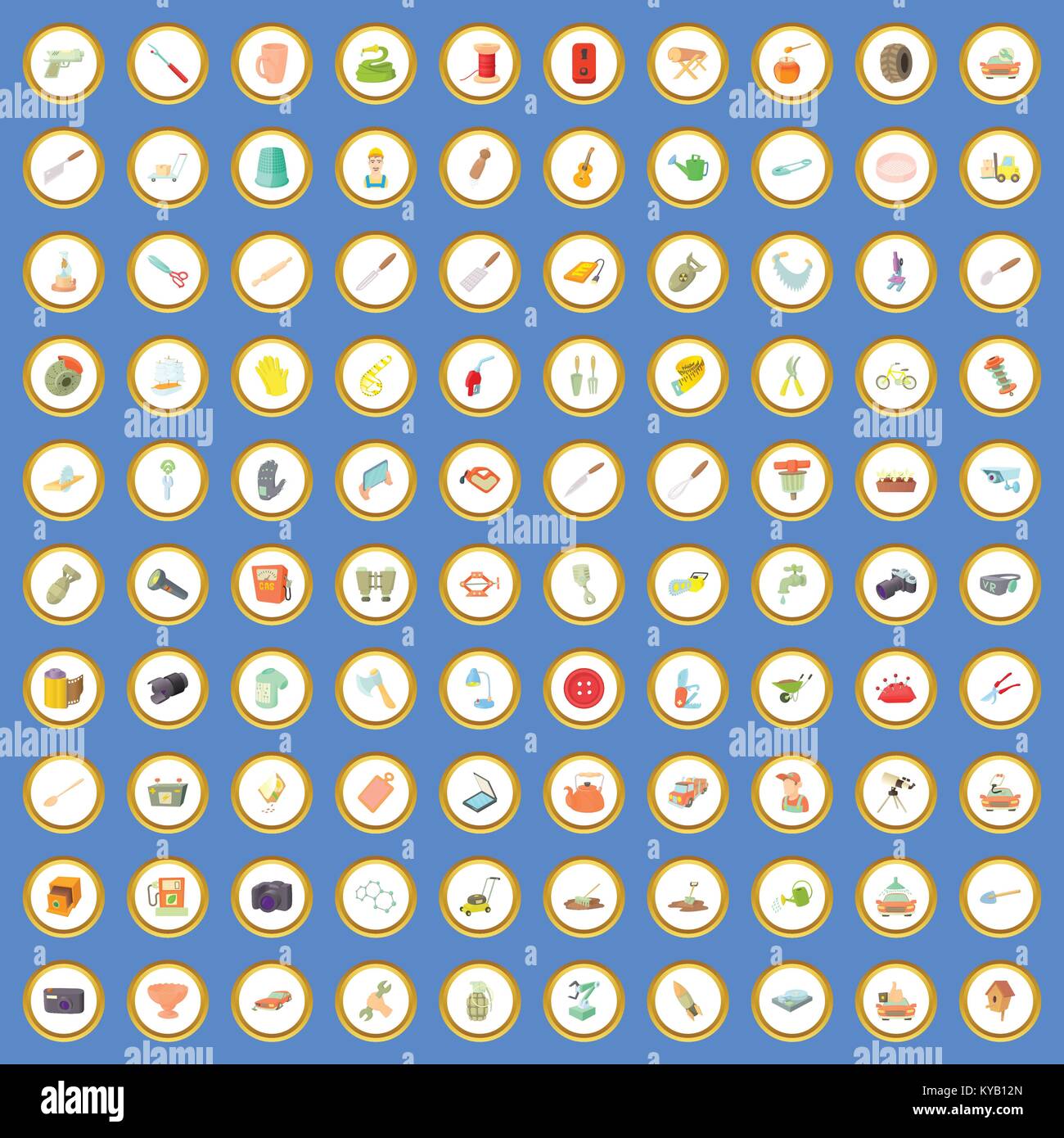 100 craft icons circle set on blue background cartoon style vector ...