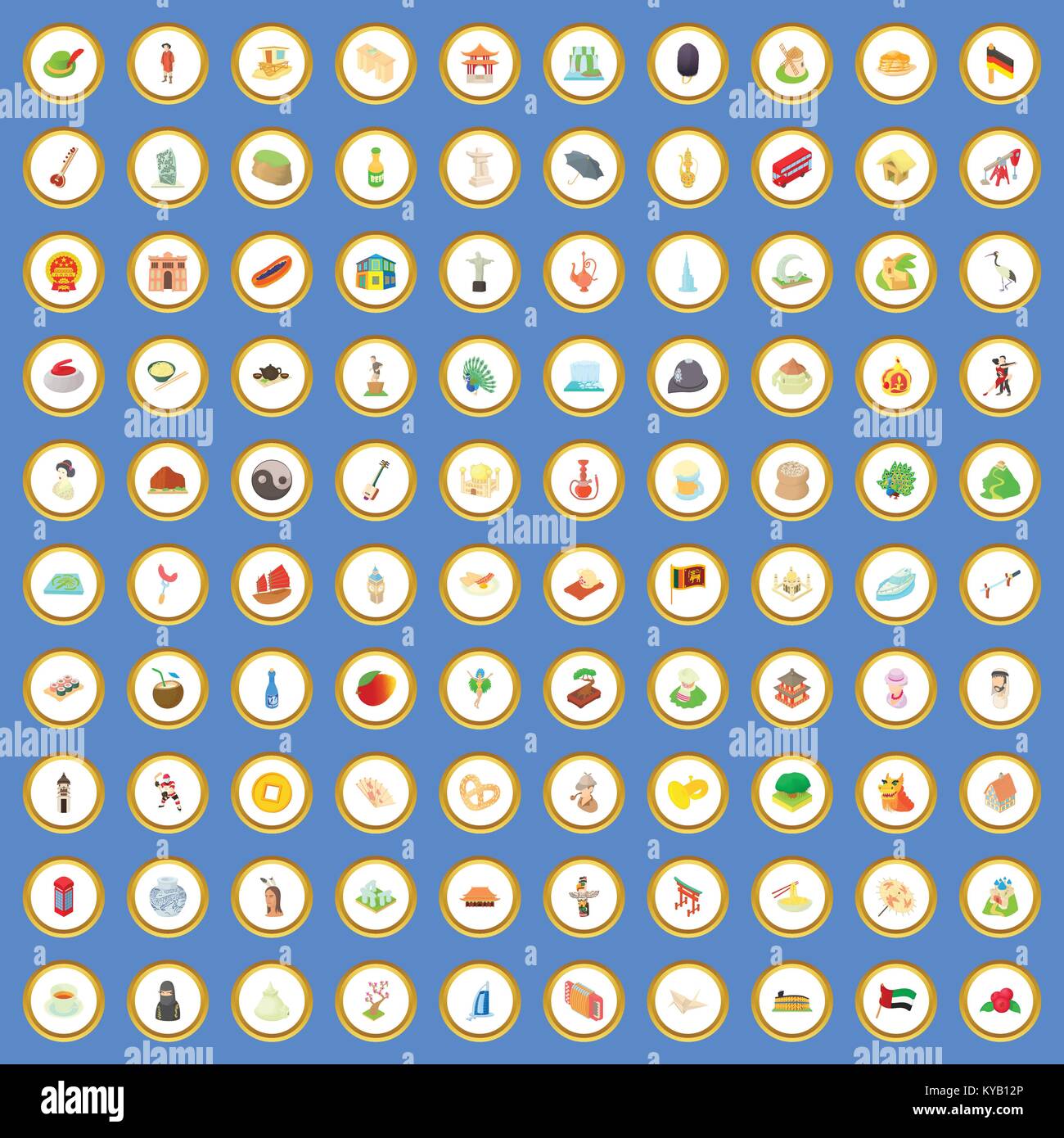 100 culture icons circle set on blue background cartoon style vector ...