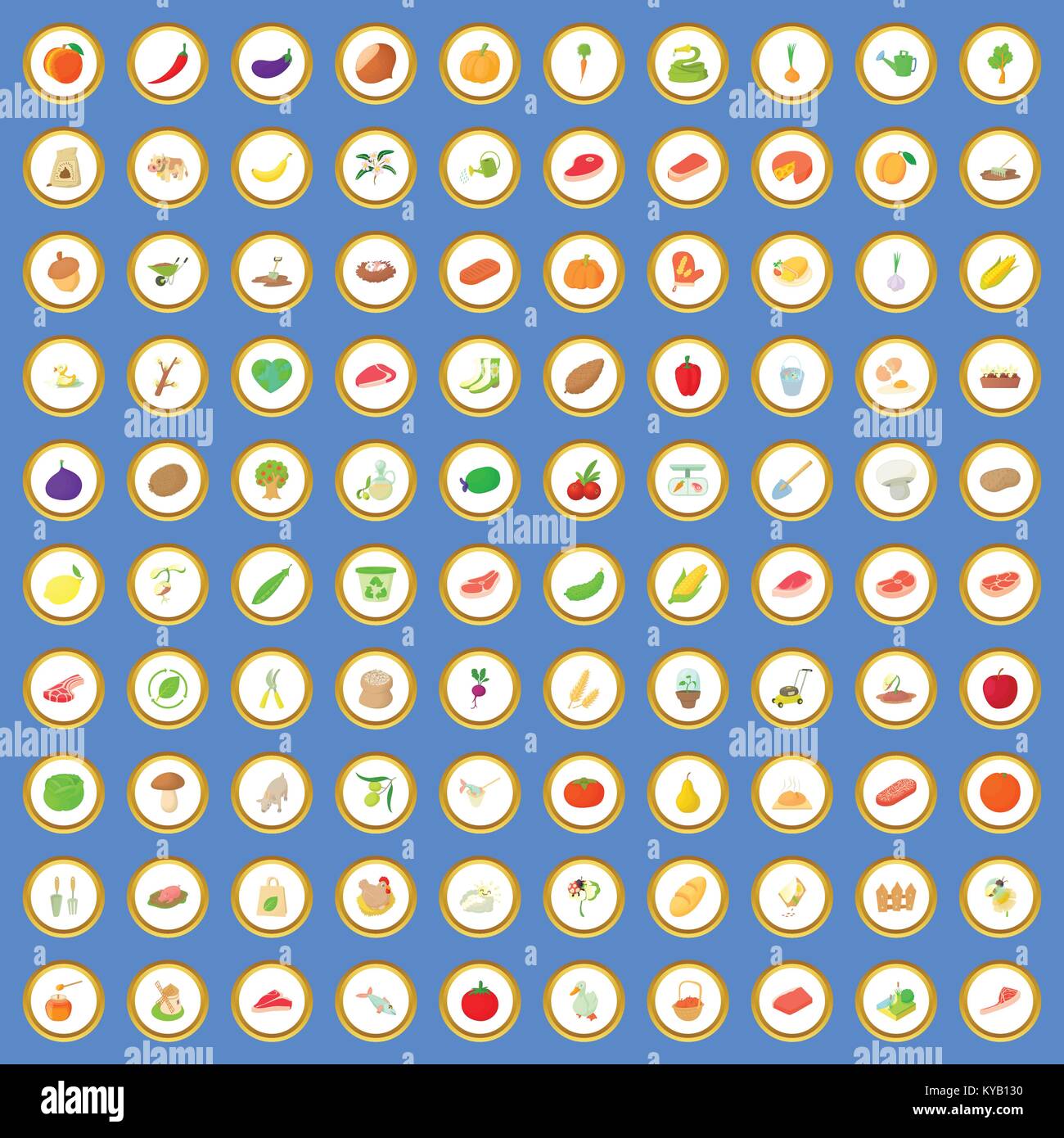 100 farm icons circle set on blue background cartoon style vector ...