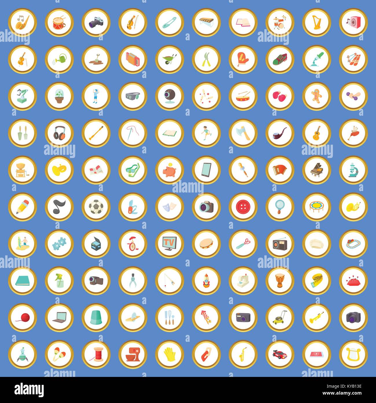 100 hobby icons circle set on blue background cartoon style vector ... 100 hobby icons circle set on blue background cartoon style vector ...