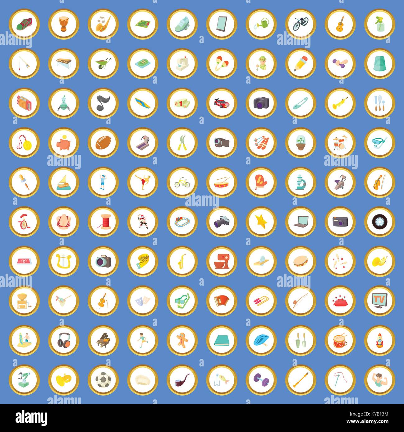 100 interests icons circle set on blue background cartoon style vector ...