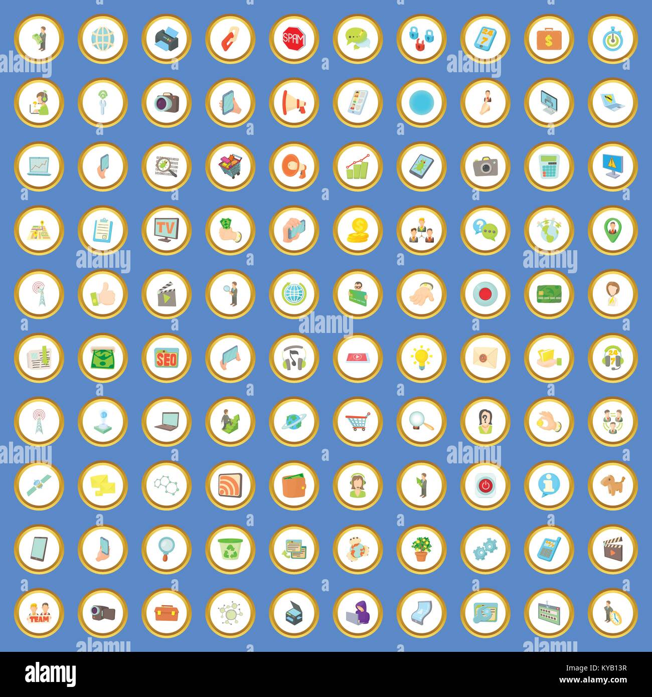 100 it business icons circle set on blue background cartoon style ...