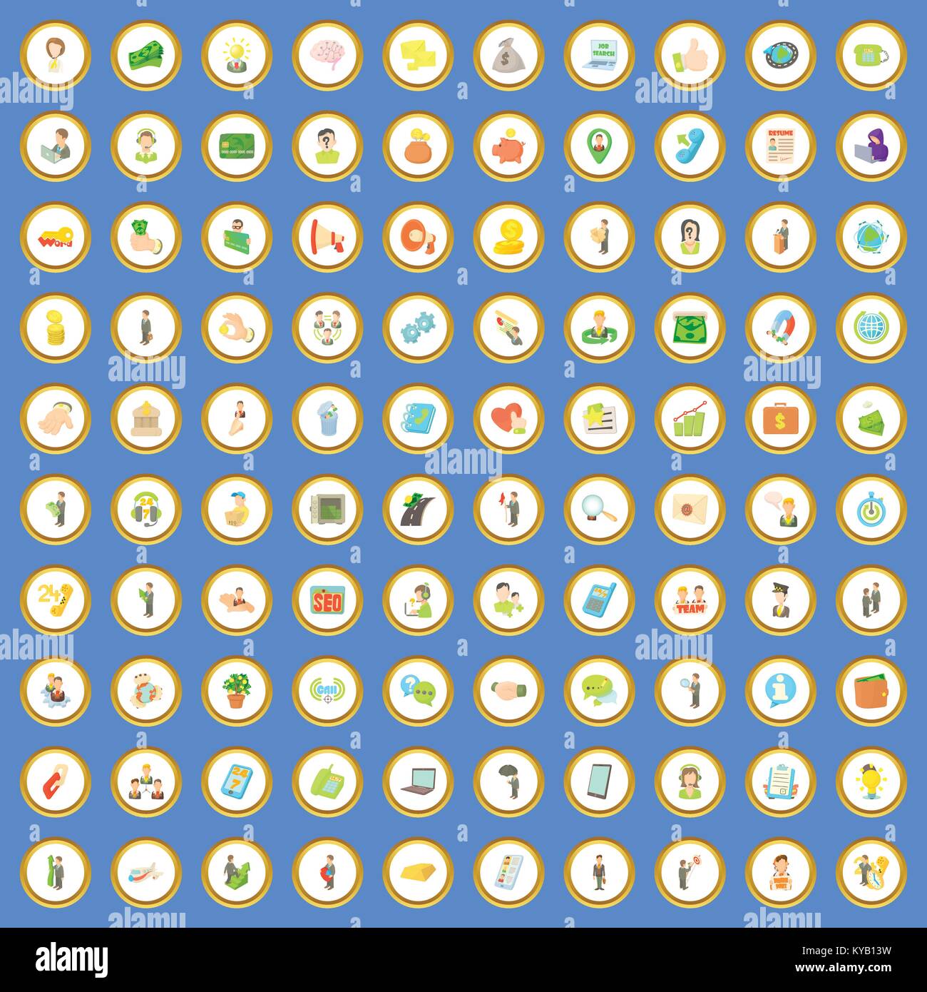 100 job contract icons circle set on blue background cartoon style ...