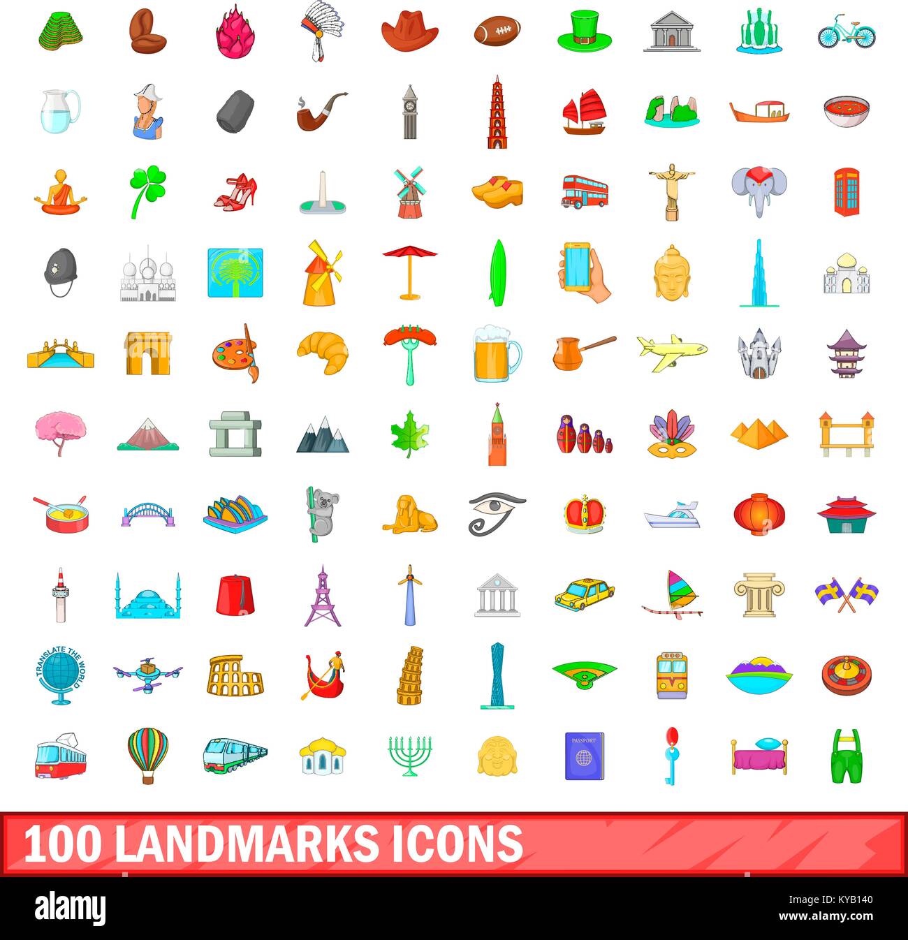 100 landmarks icons set in cartoon style for any design vector ...