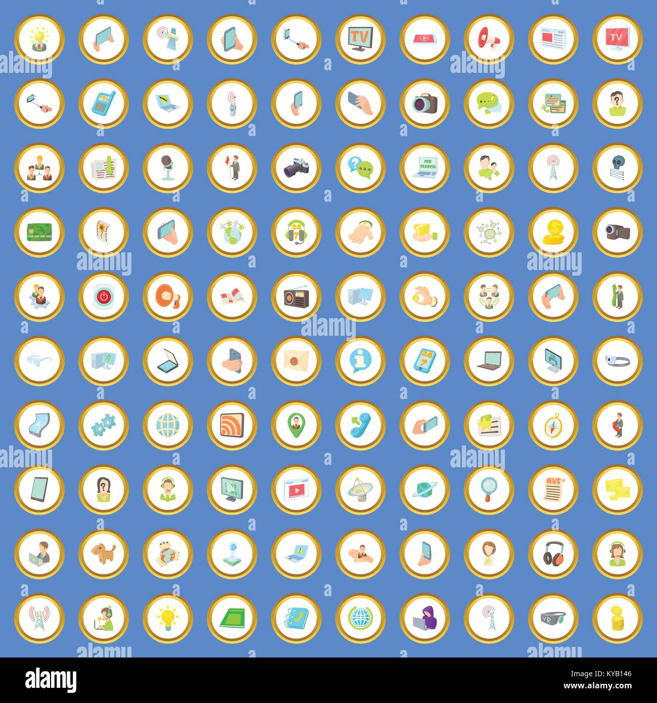 100 multimedia icons circle set on blue background cartoon style vector ...