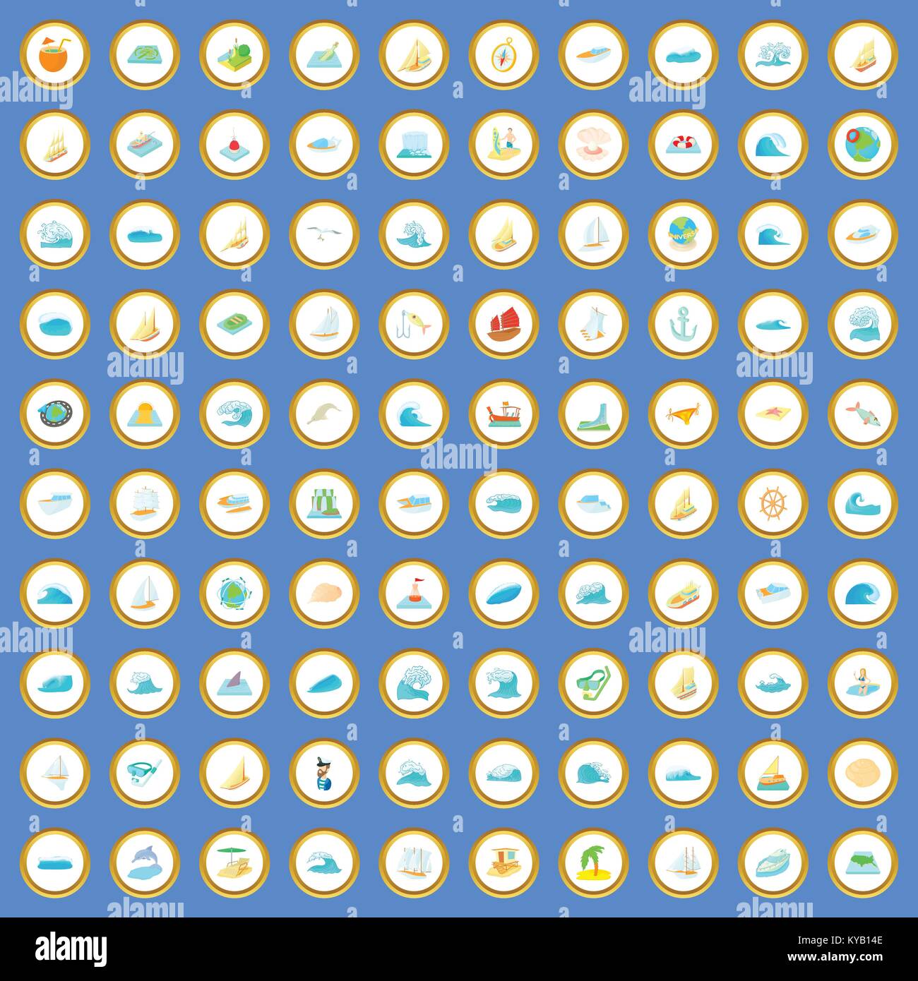 100 ocean icons circle set on blue background cartoon style vector ...