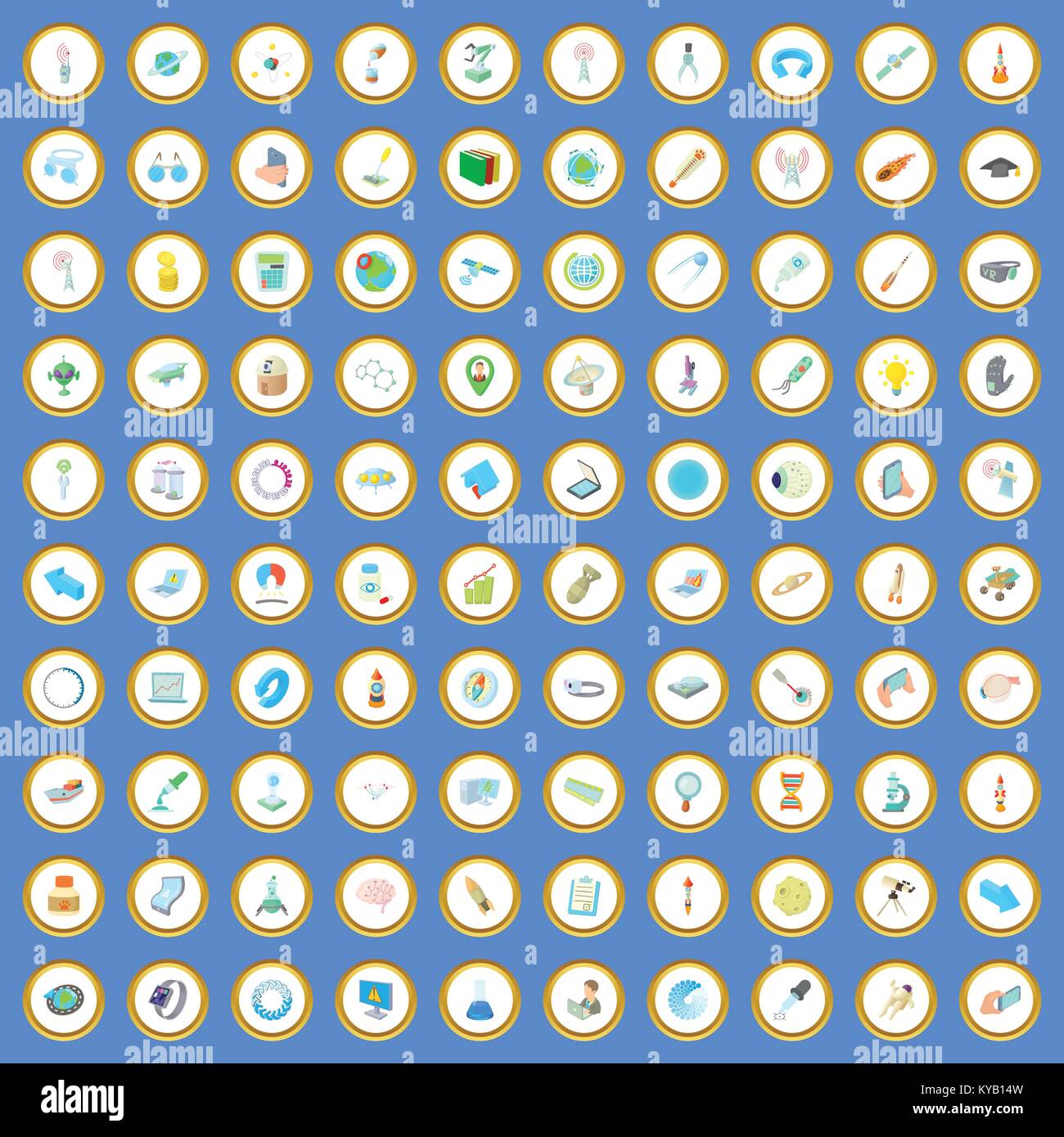 100 research icons circle set on blue background cartoon style vector ...
