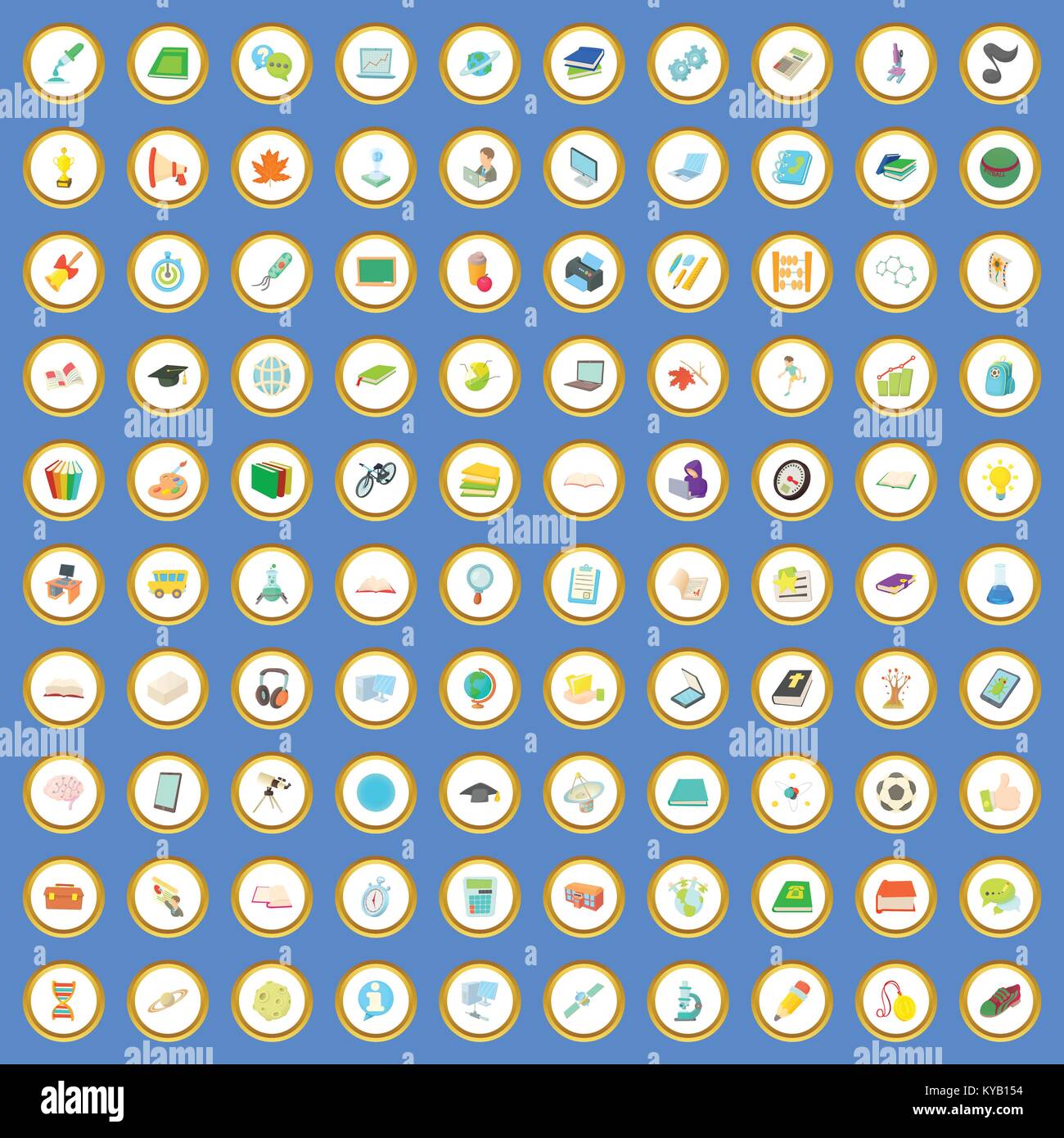 100 school and education icons circle set on blue background cartoon ...