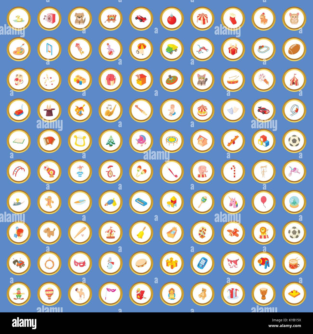 100 Toys For Kids Icons Circle Set On Blue Background Cartoon Style 