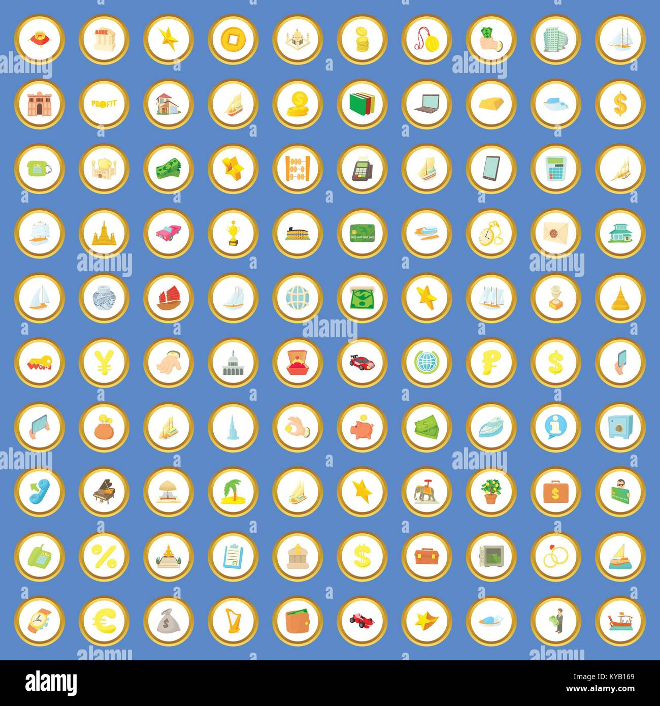 100 wealth icons circle set on blue background cartoon style vector ...