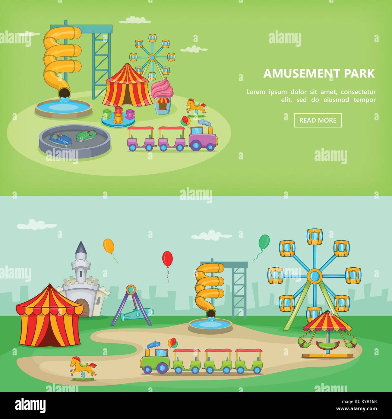 Amusement park banner set horizontal in cartoon style for any design ...
