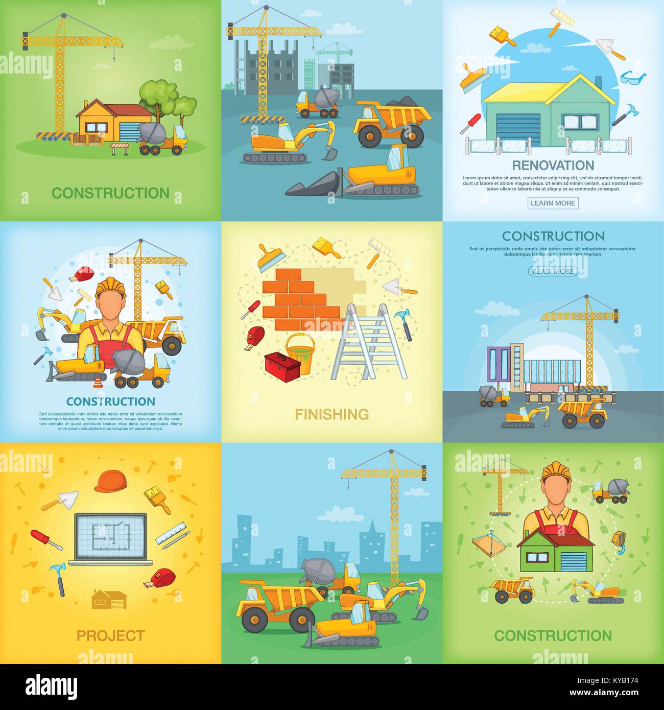 Construction banner set in cartoon style for any design vector ...
