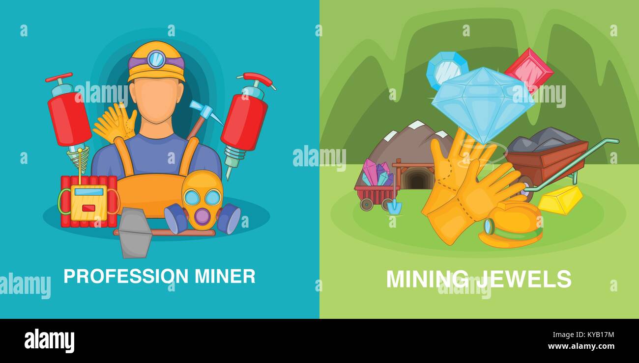 Professional miner banner set in cartoon style for any design vector ...