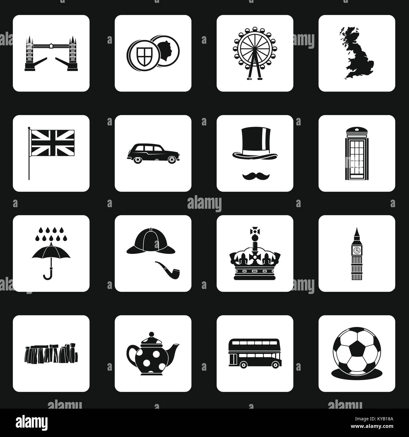 Great Britain icons set in white squares on black background simple ...