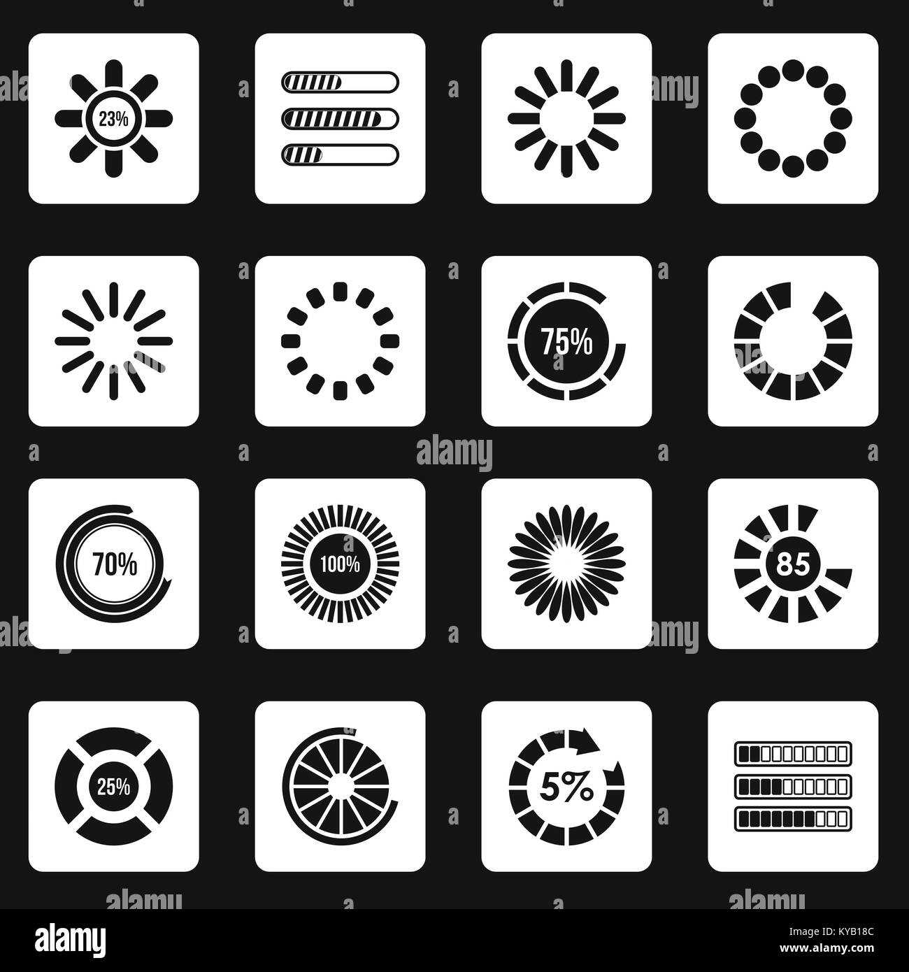 Loading bars and preloaders icons set in white squares on black ...