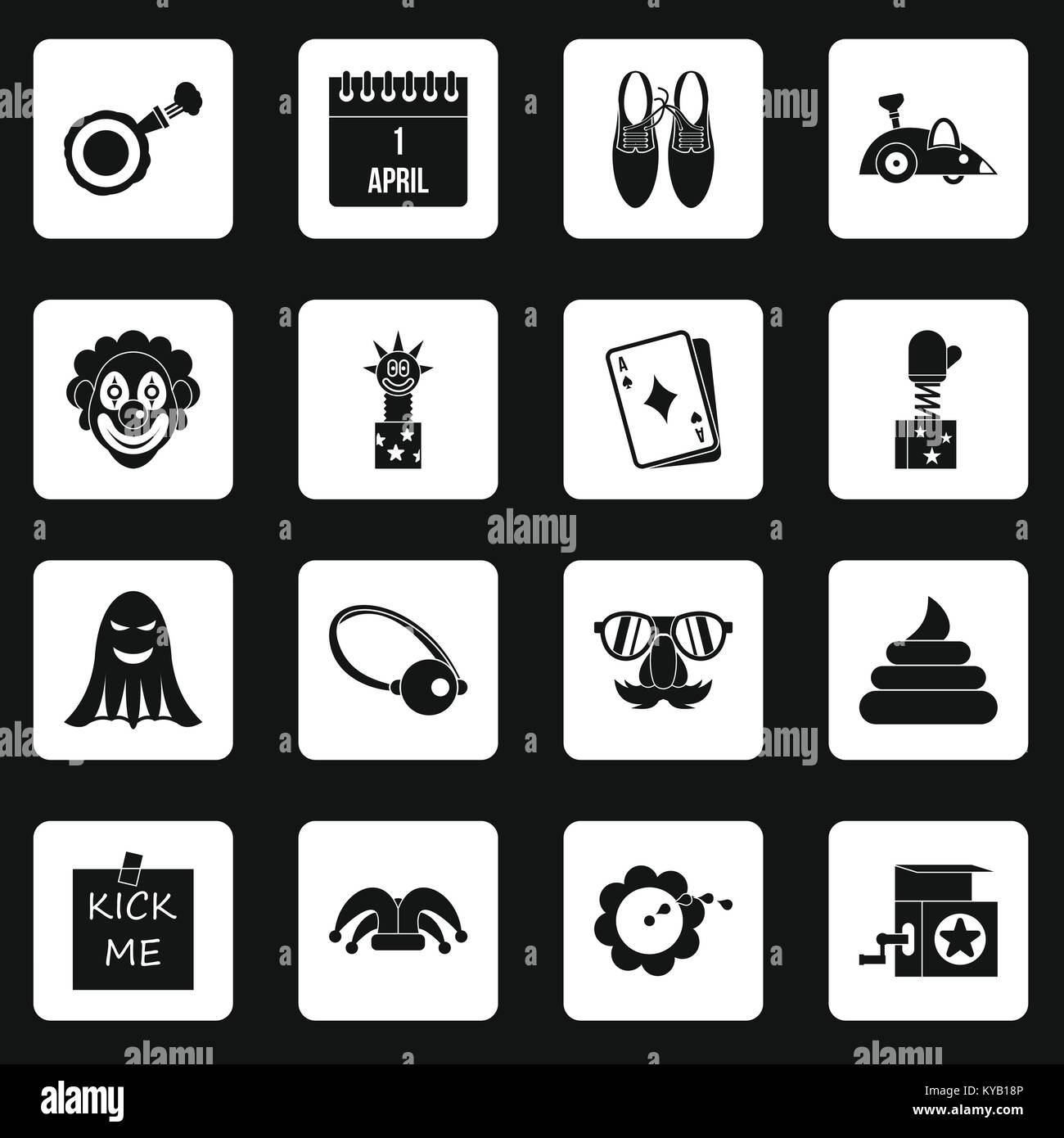 April fools day icons set in white squares on black background simple ...