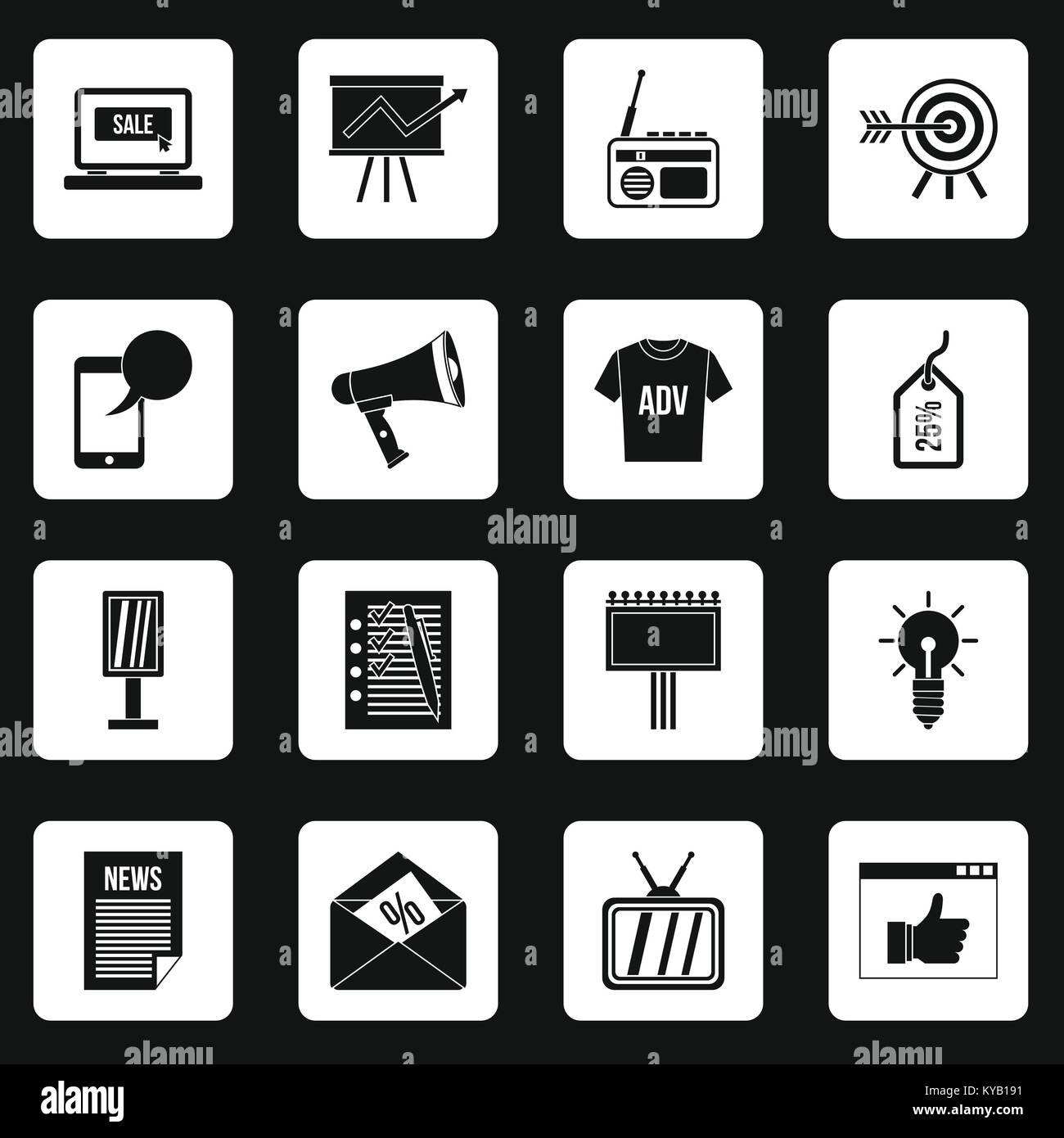 Advertisement icons set in white squares on black background simple ...