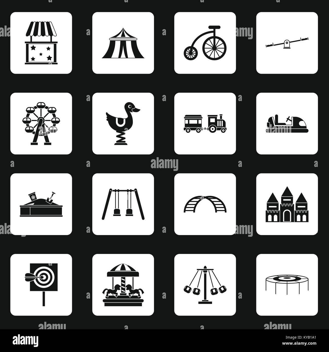 Amusement park icons set in white squares on black background simple ...