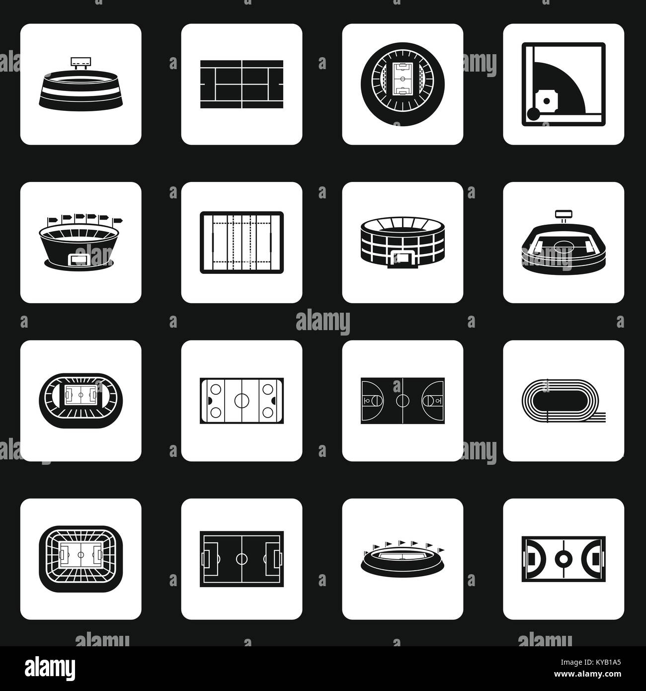 Sport stadium icons set in white squares on black background simple ...