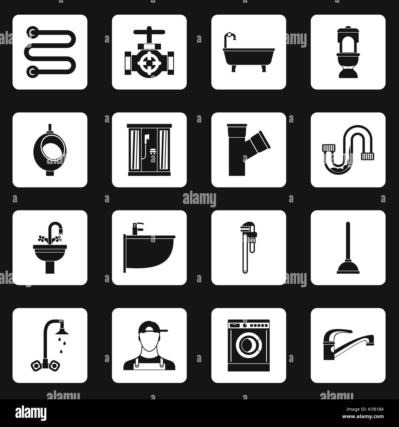 Plumbing icons set in white squares on black background simple style ...