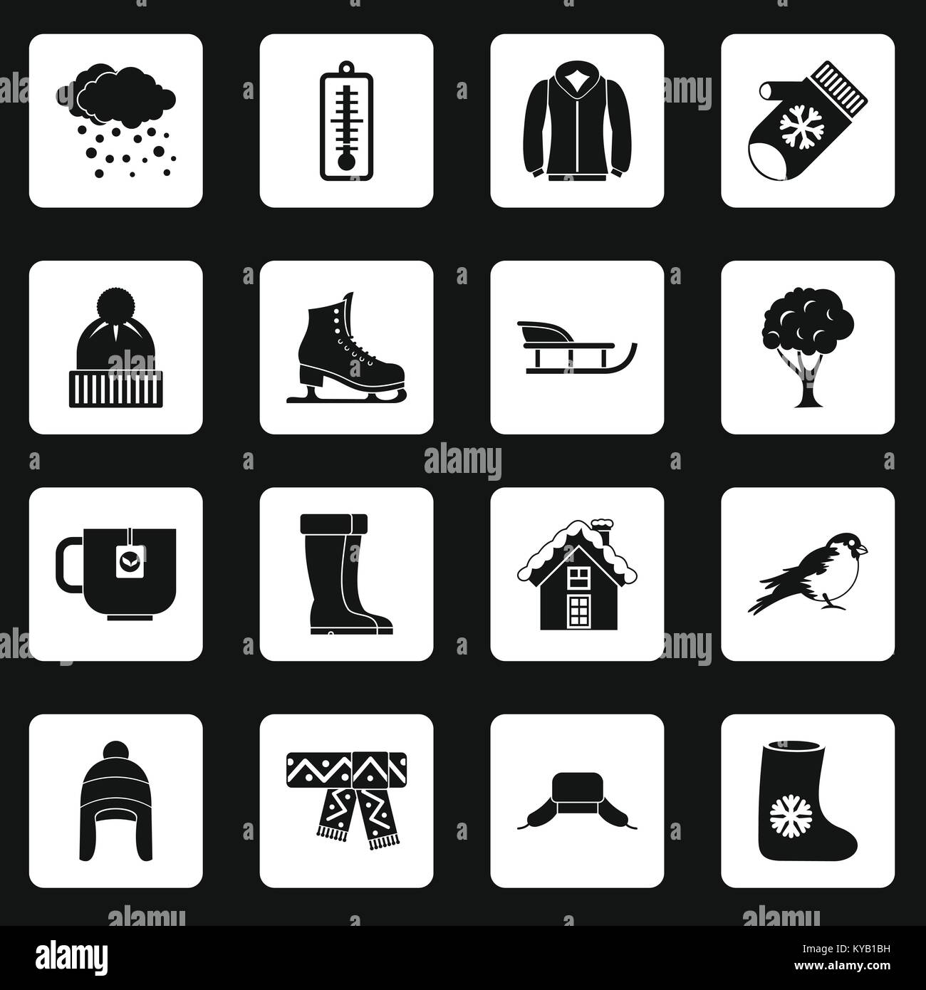 Winter icons set in white squares on black background simple style ...