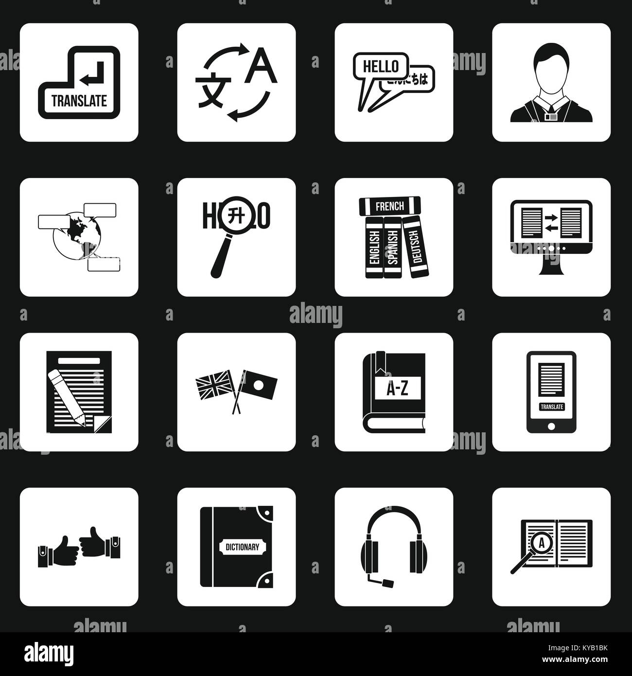 Learning foreign languages icons set in white squares on black ...