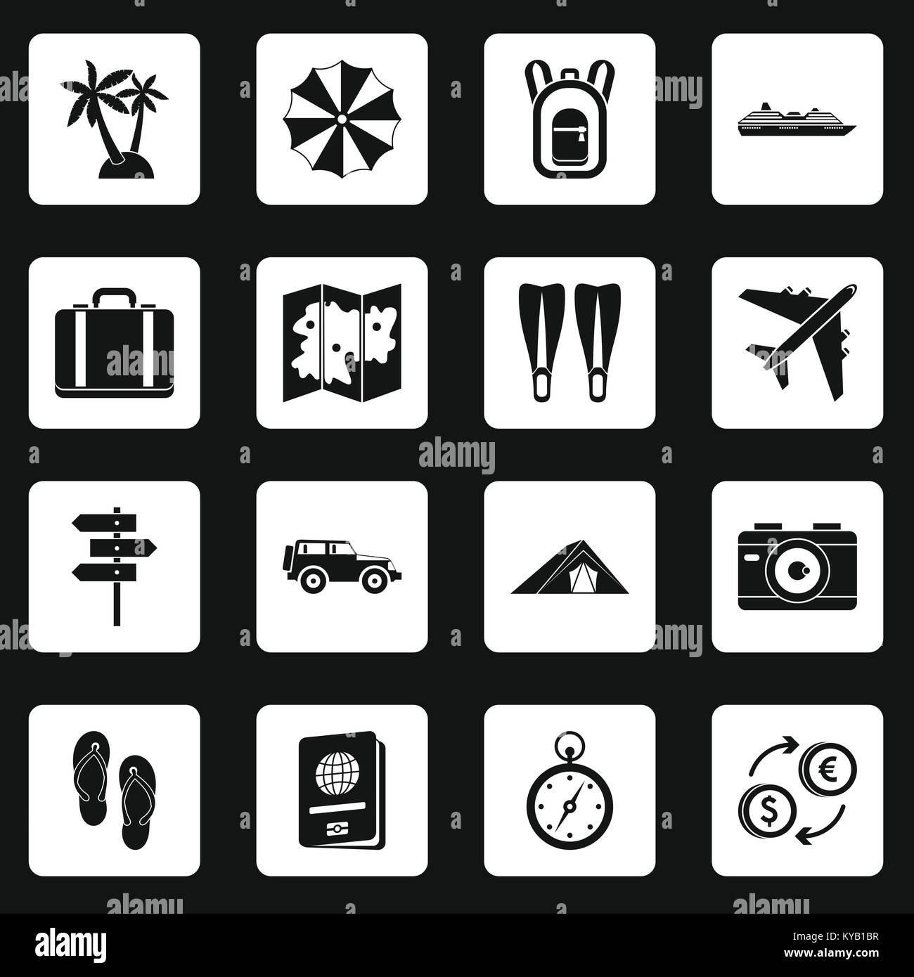 Travel icons set in white squares on black background simple style ...