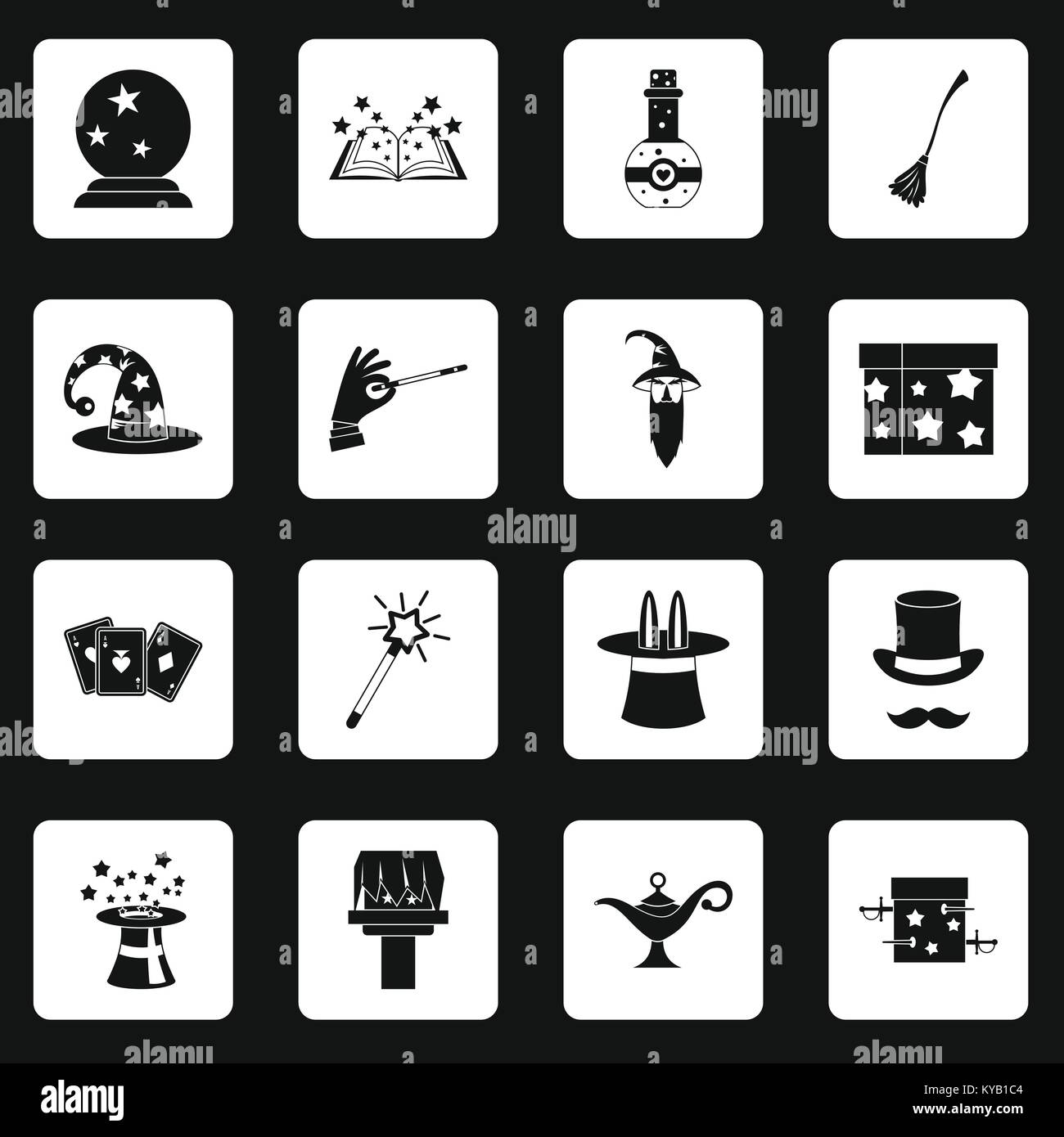 Magic icons set in white squares on black background simple style ...