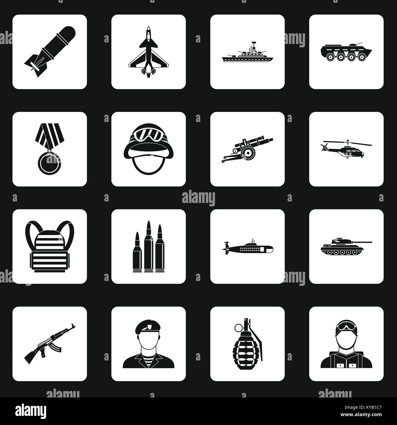 War icons set in white squares on black background simple style vector ...