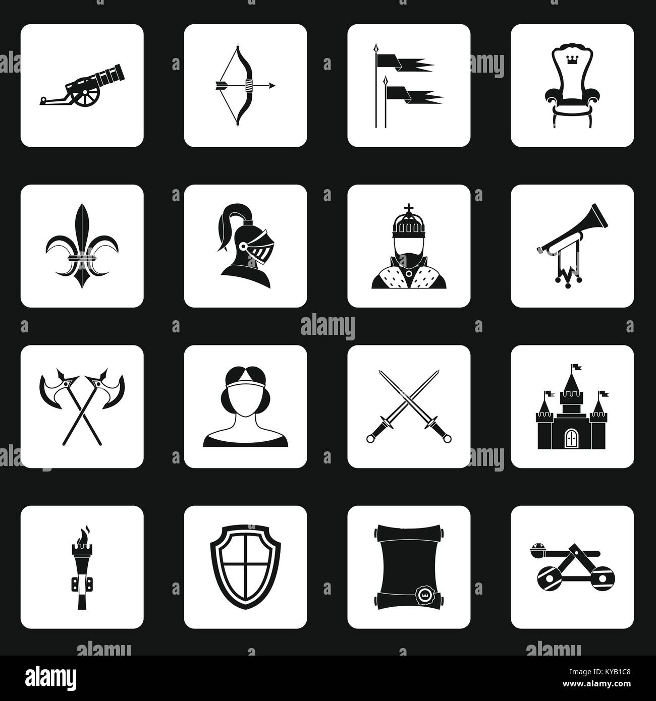 Knight medieval icons set in white squares on black background simple ...
