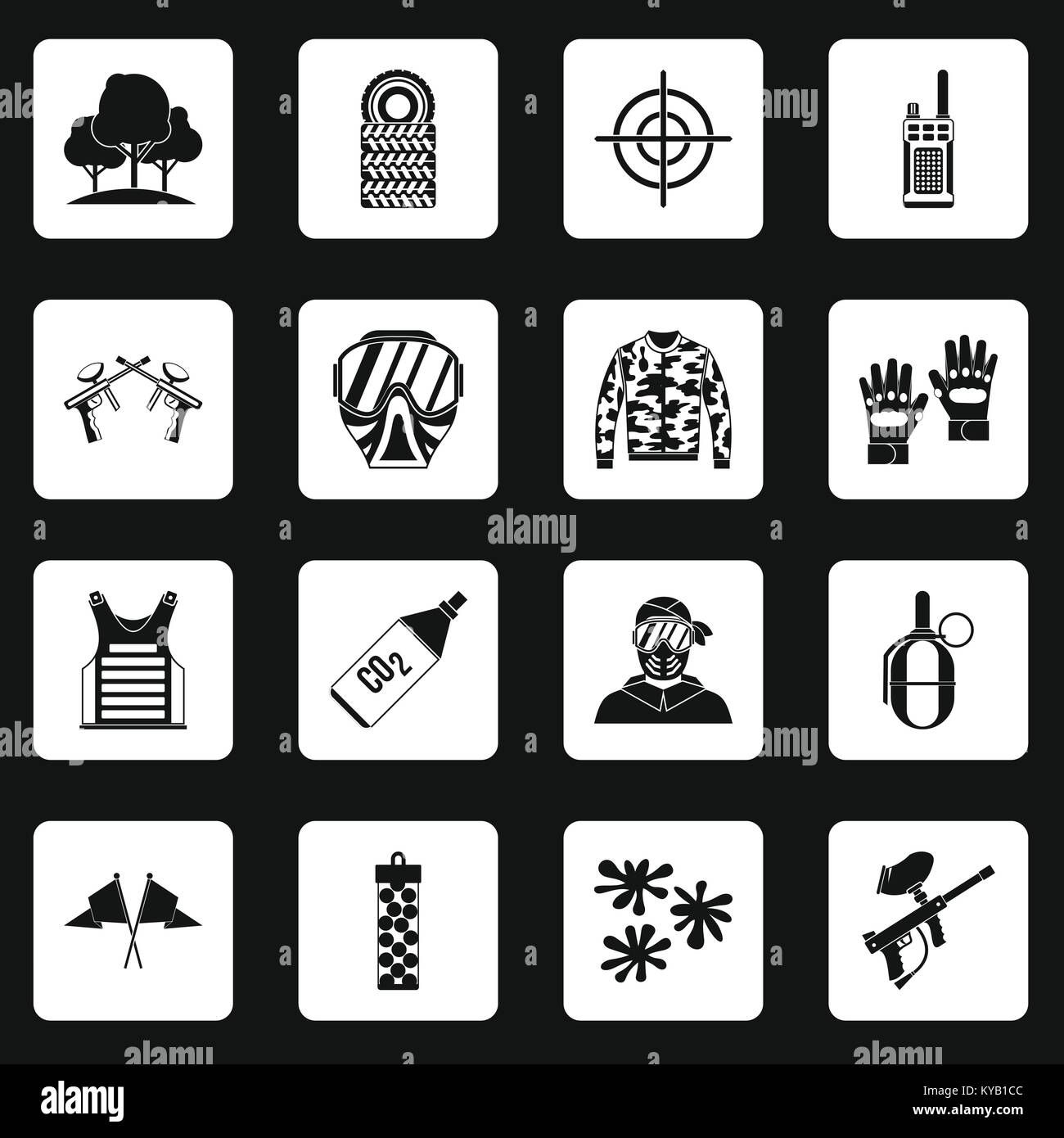 Paintball icons set in white squares on black background simple style ...
