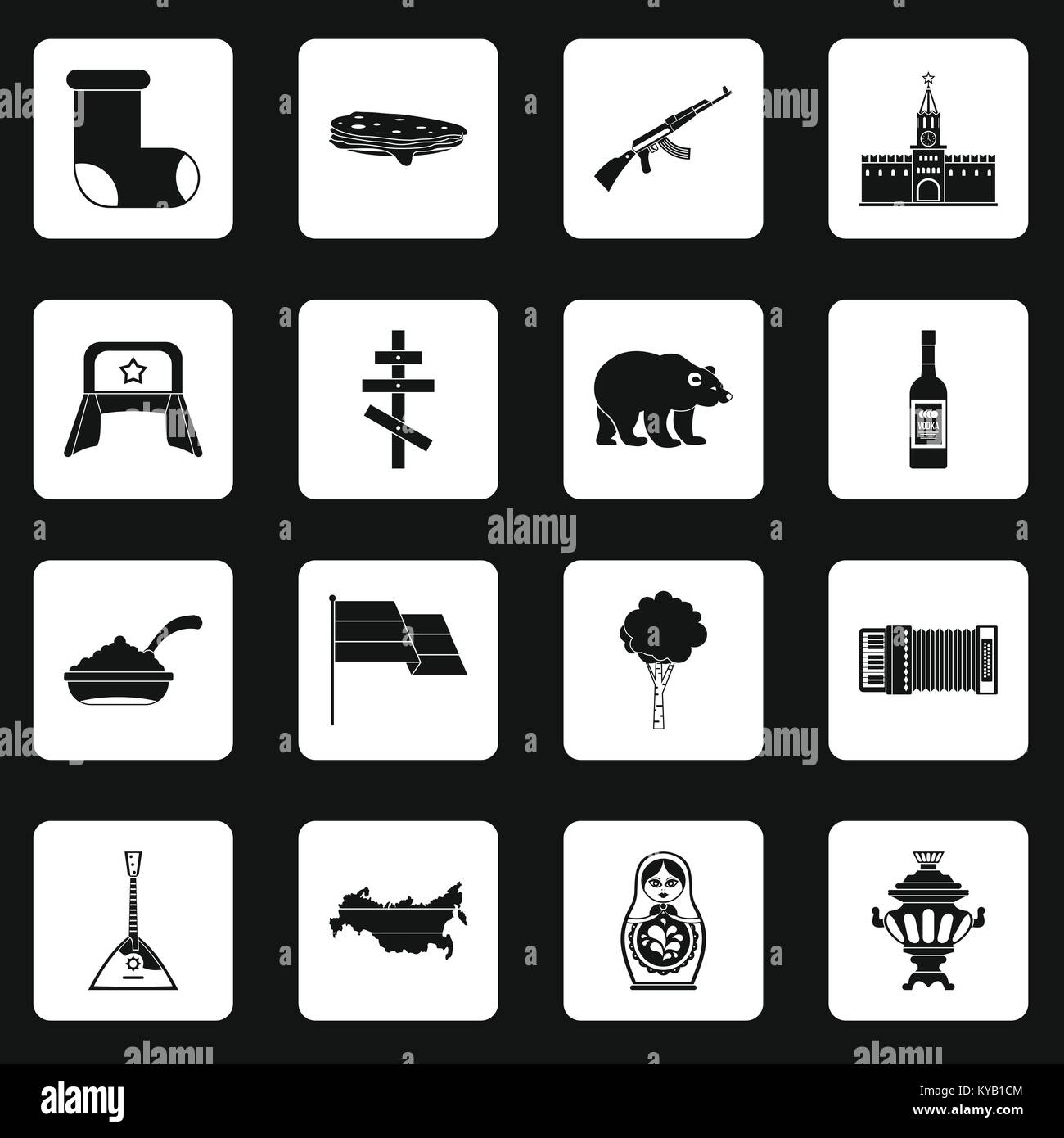 Russia icons set in white squares on black background simple style ...
