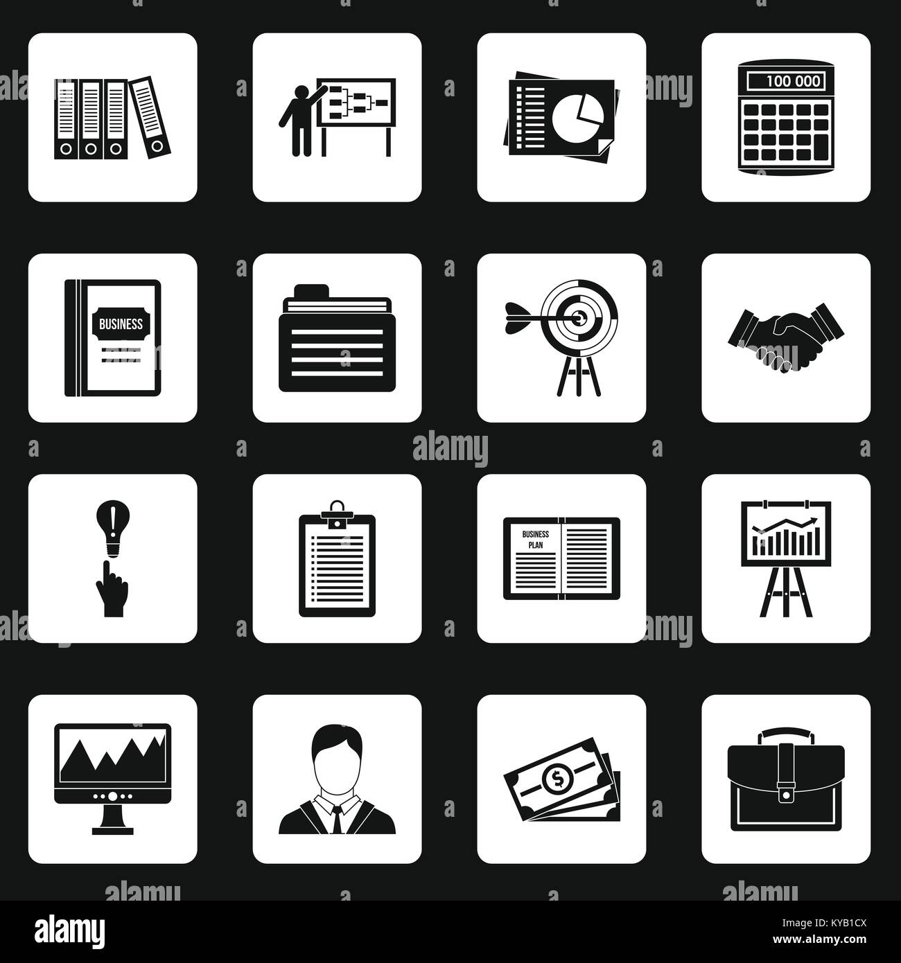 Business plan icons set in white squares on black background simple ...
