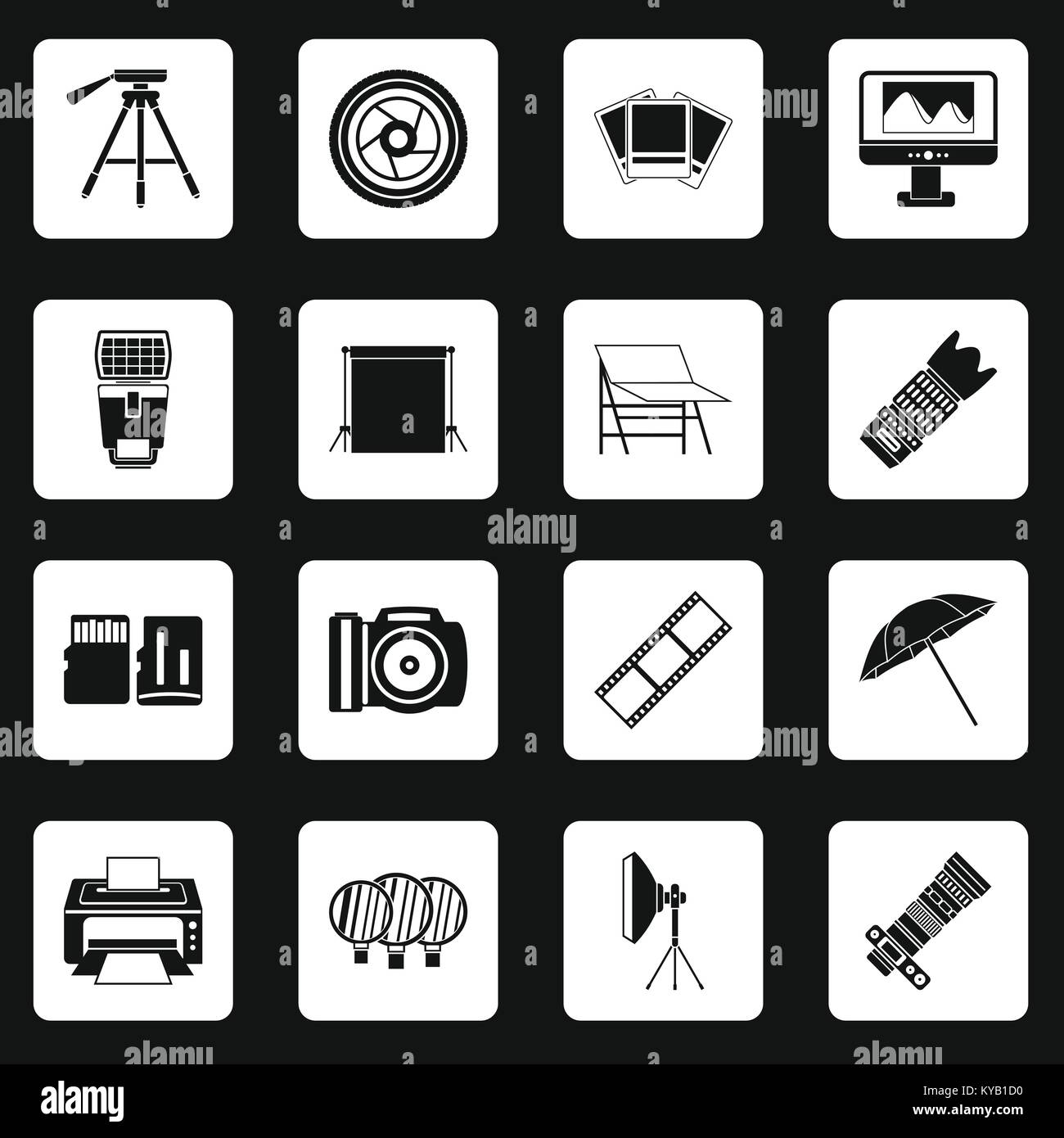 Photo studio icons set in white squares on black background simple ...