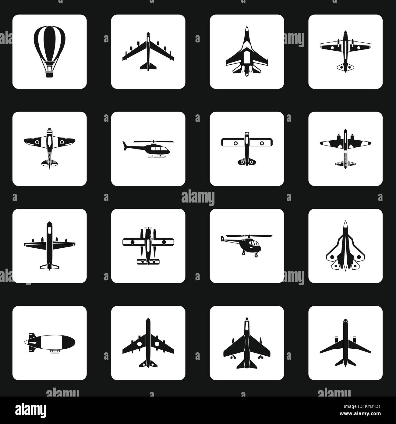 Aviation icons set in white squares on black background simple style ...