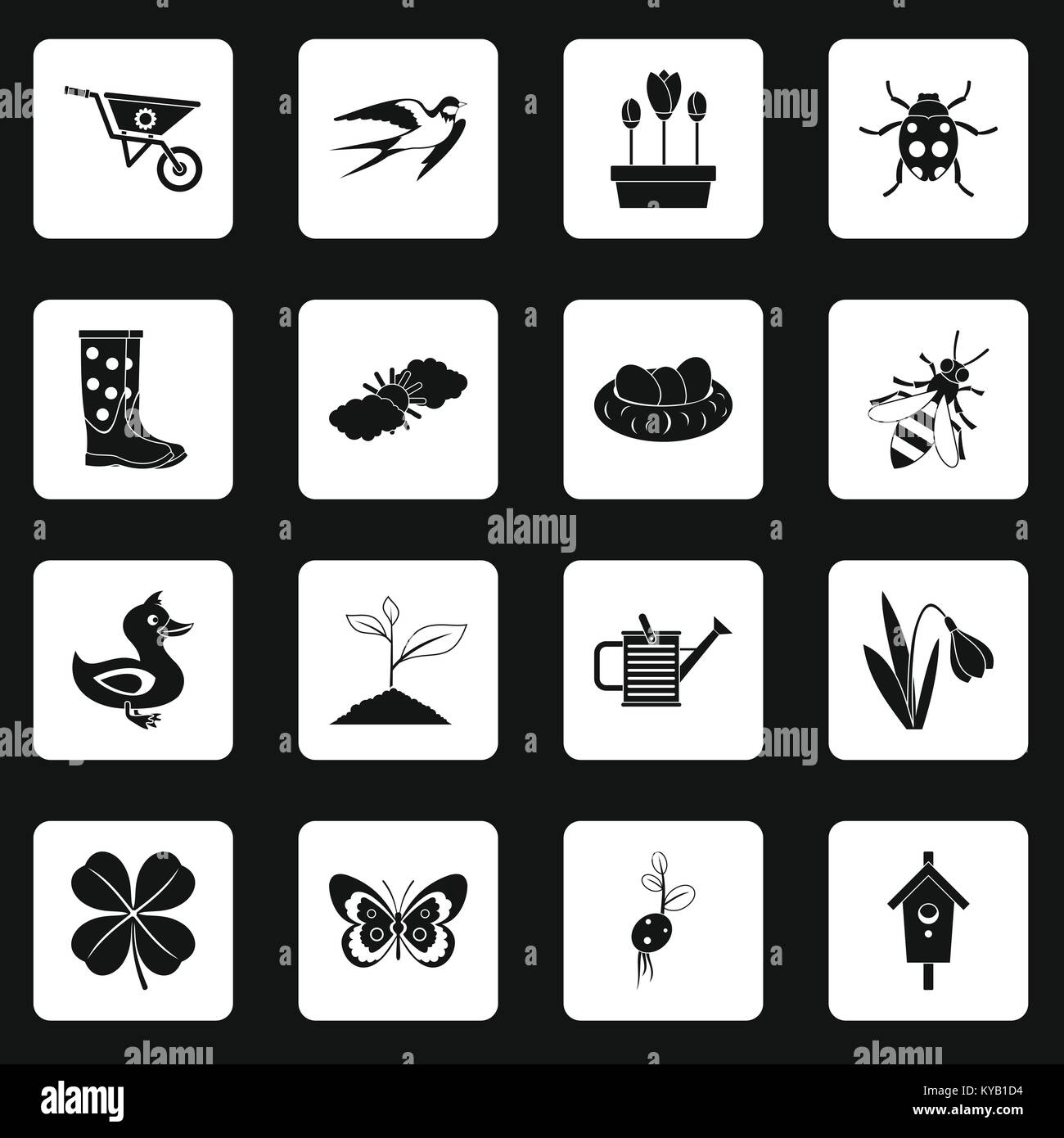 Spring icons set in white squares on black background simple style ...