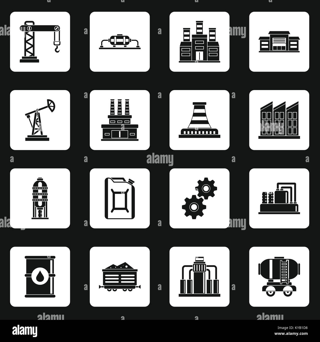 Industry icons set in white squares on black background simple style ...