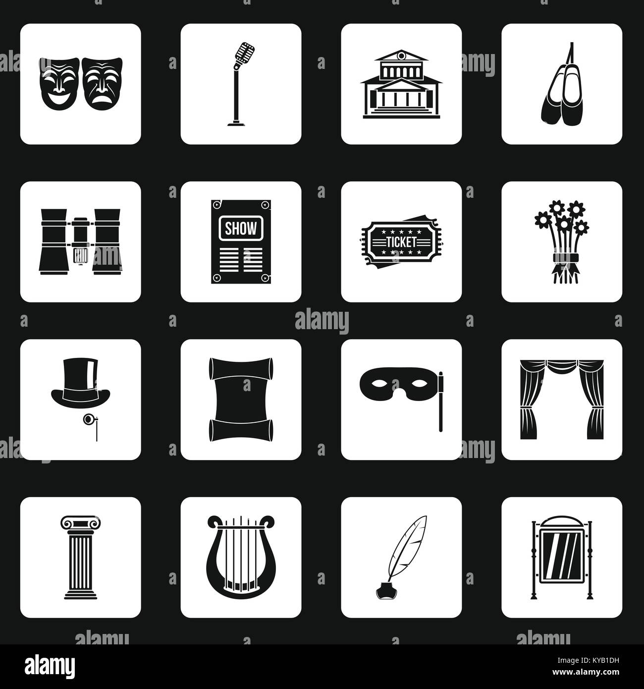 Theater icons set in white squares on black background simple style ...